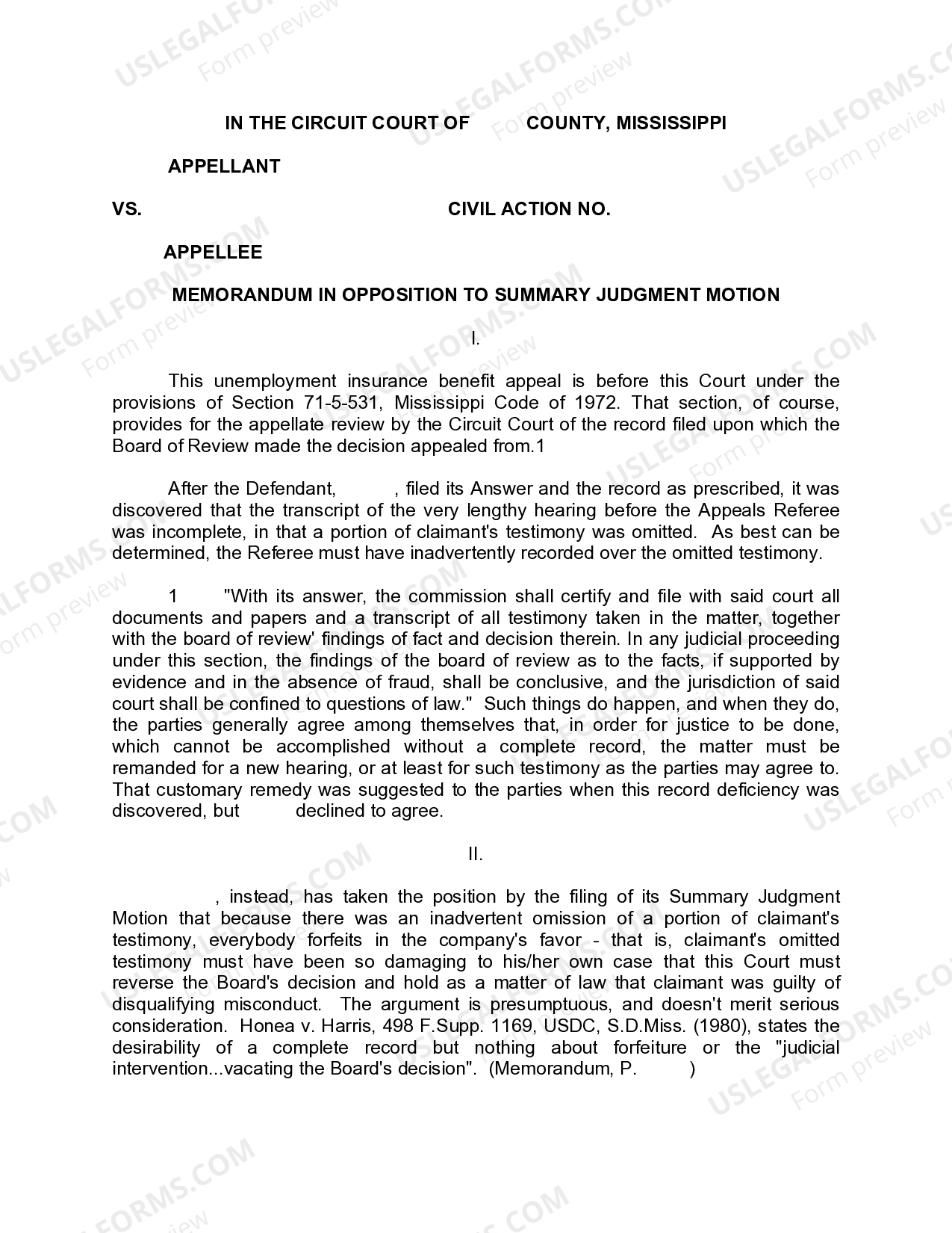 Mississippi Memorandum in Opposition to Summary Judgment Motion | US Legal Forms