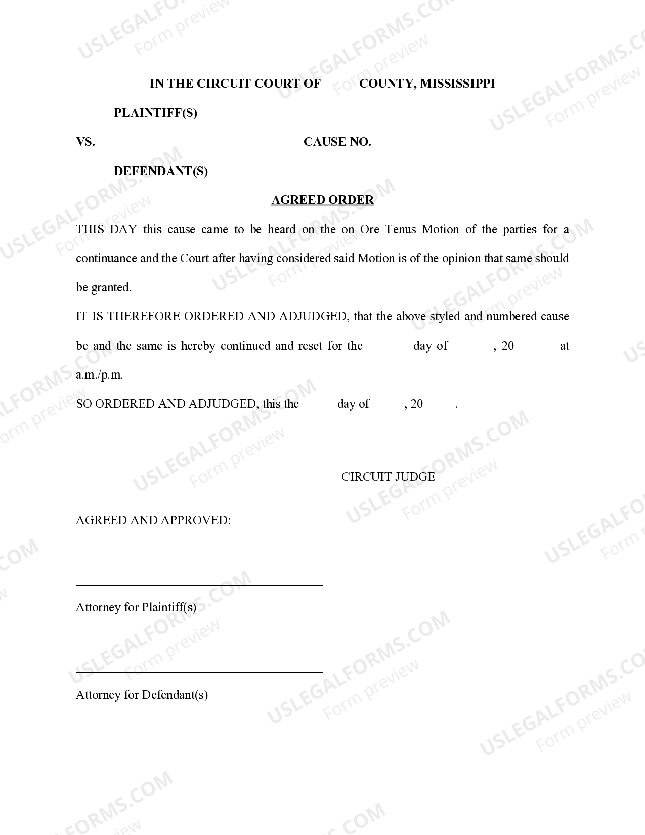 Mississippi Agreed Order of Continuance | US Legal Forms