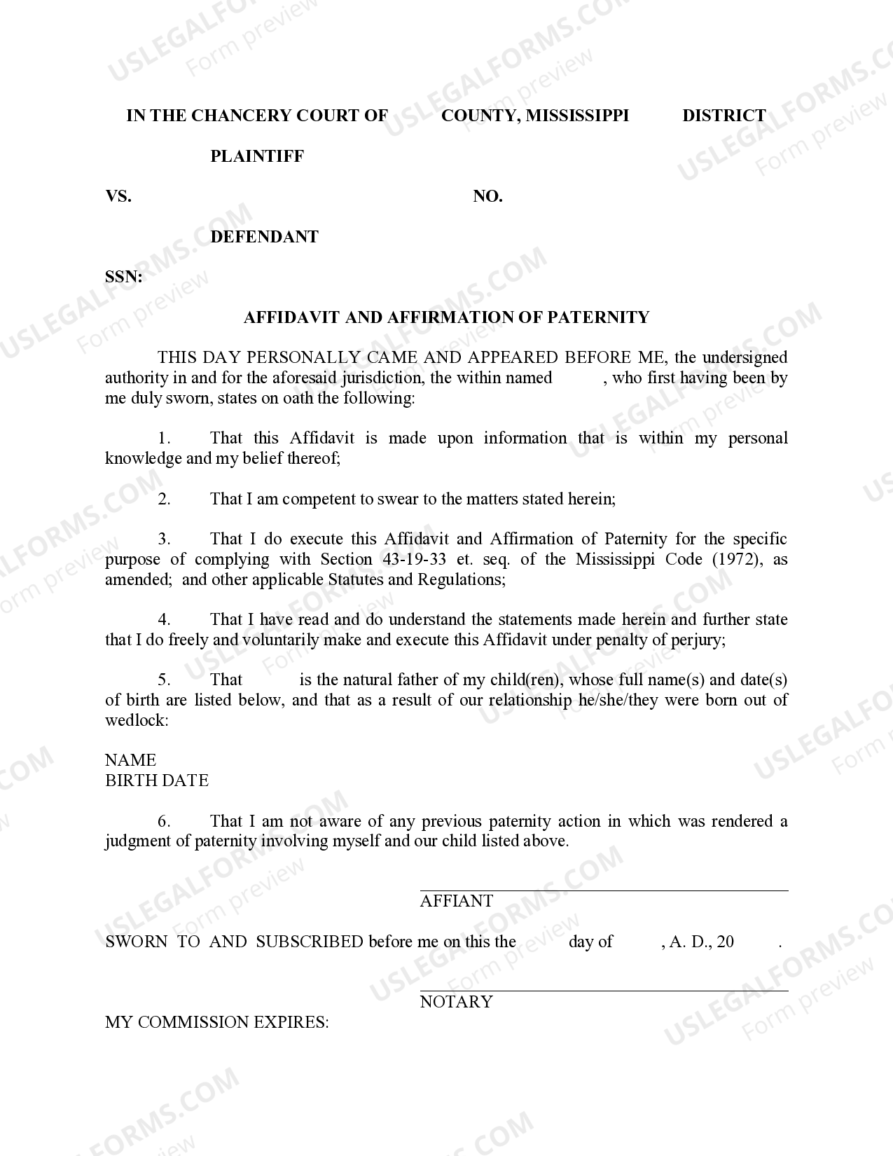 Mississippi Affidavit and Affirmation of Paternity | US Legal Forms