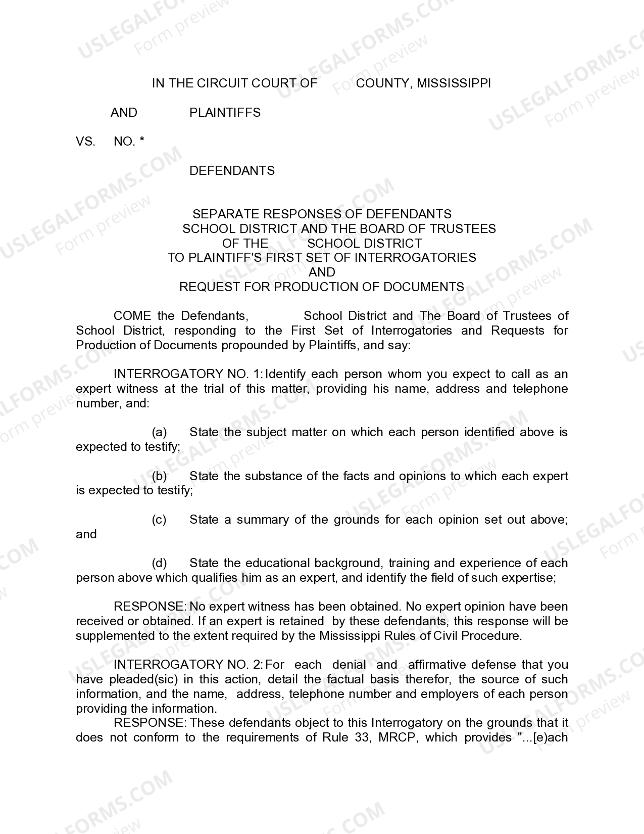 Mississippi Defendant's Response to Interrogatories | US Legal Forms