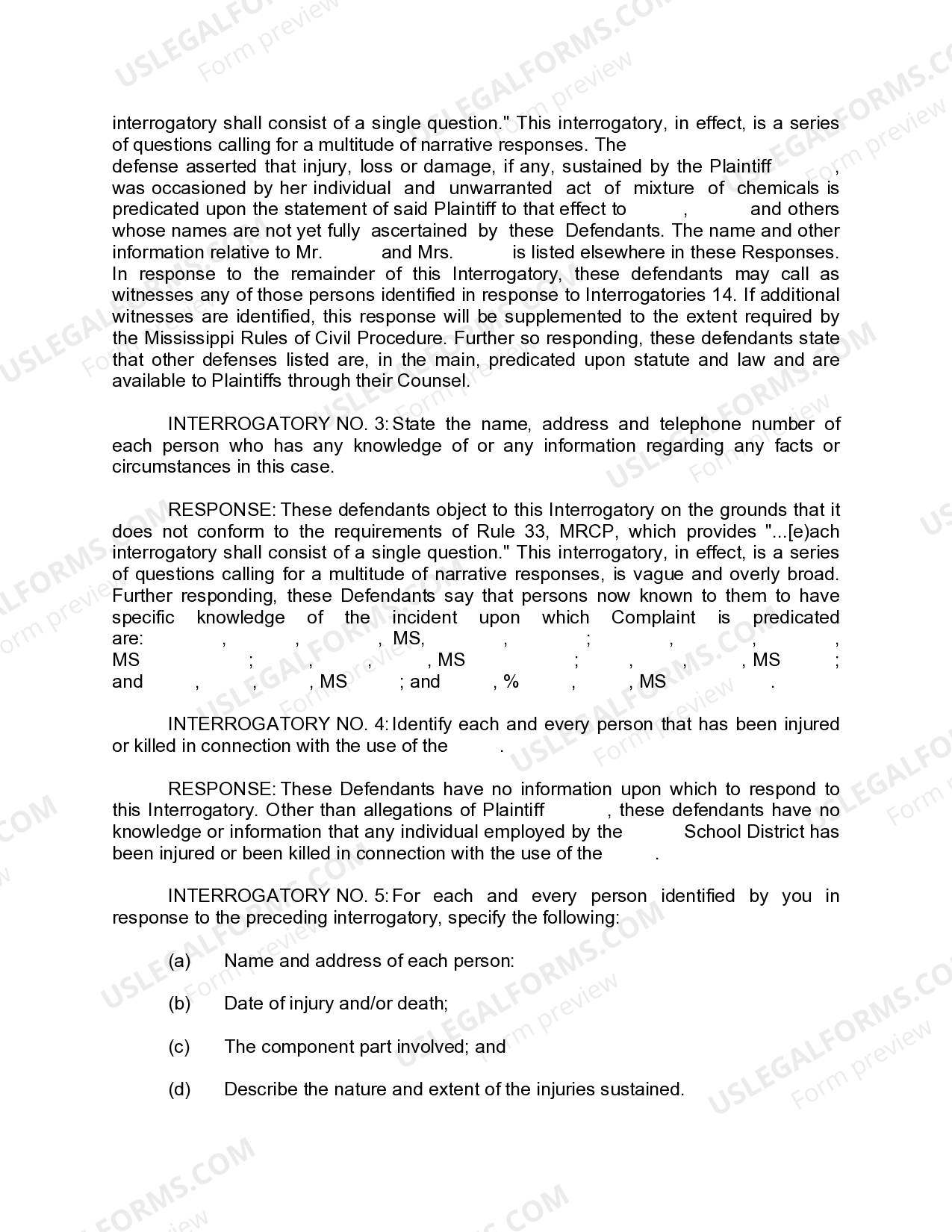 Mississippi Defendant's Response to Interrogatories | US Legal Forms