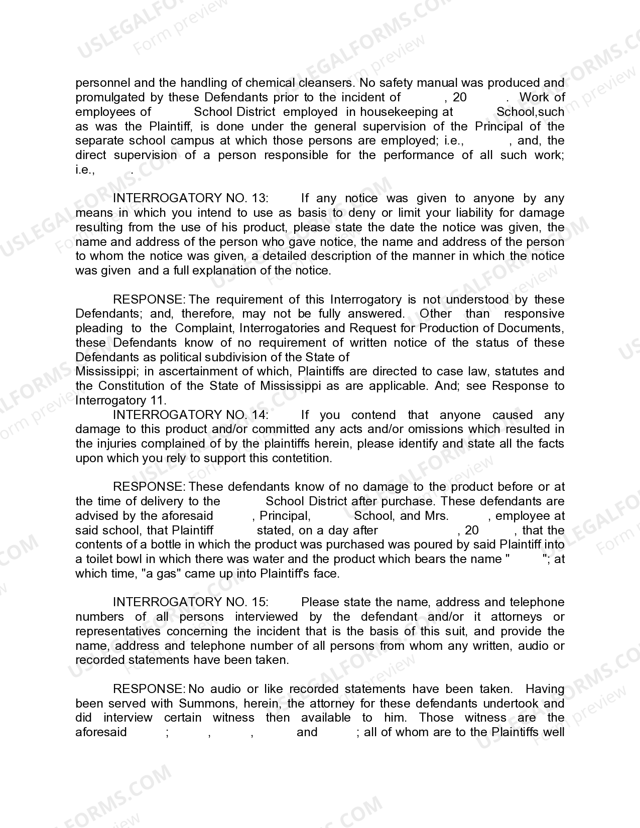 Mississippi Defendant's Response to Interrogatories | US Legal Forms