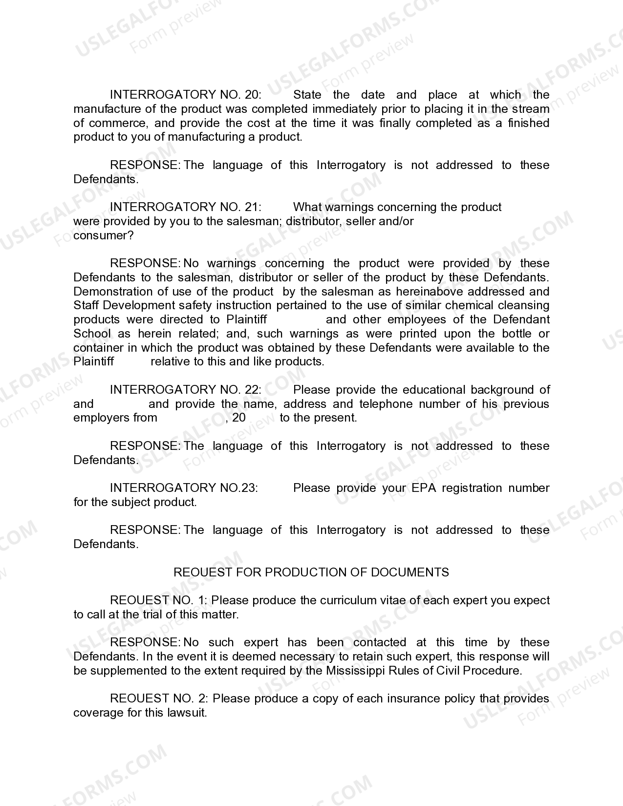 Mississippi Defendant's Response to Interrogatories | US Legal Forms