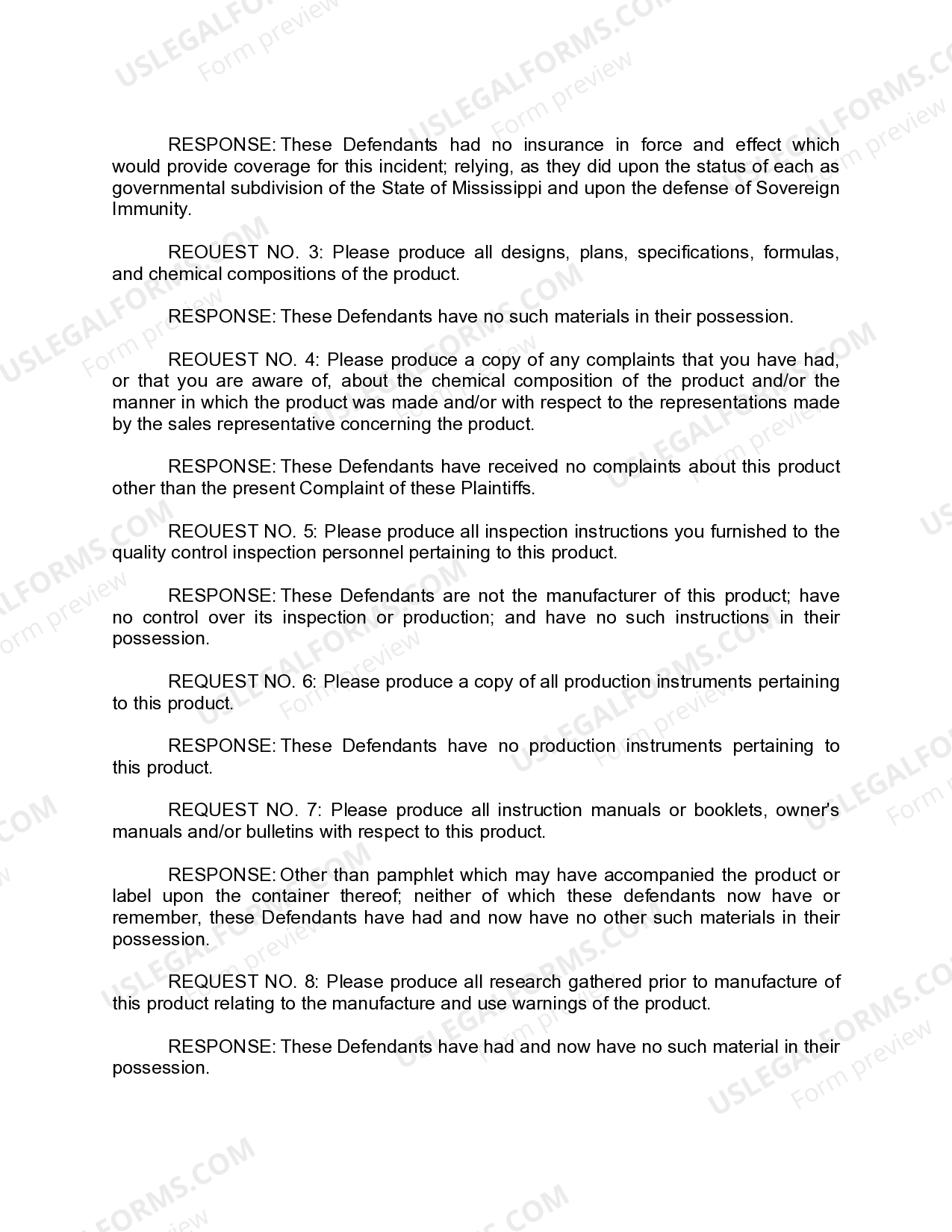 Mississippi Defendant's Response to Interrogatories | US Legal Forms