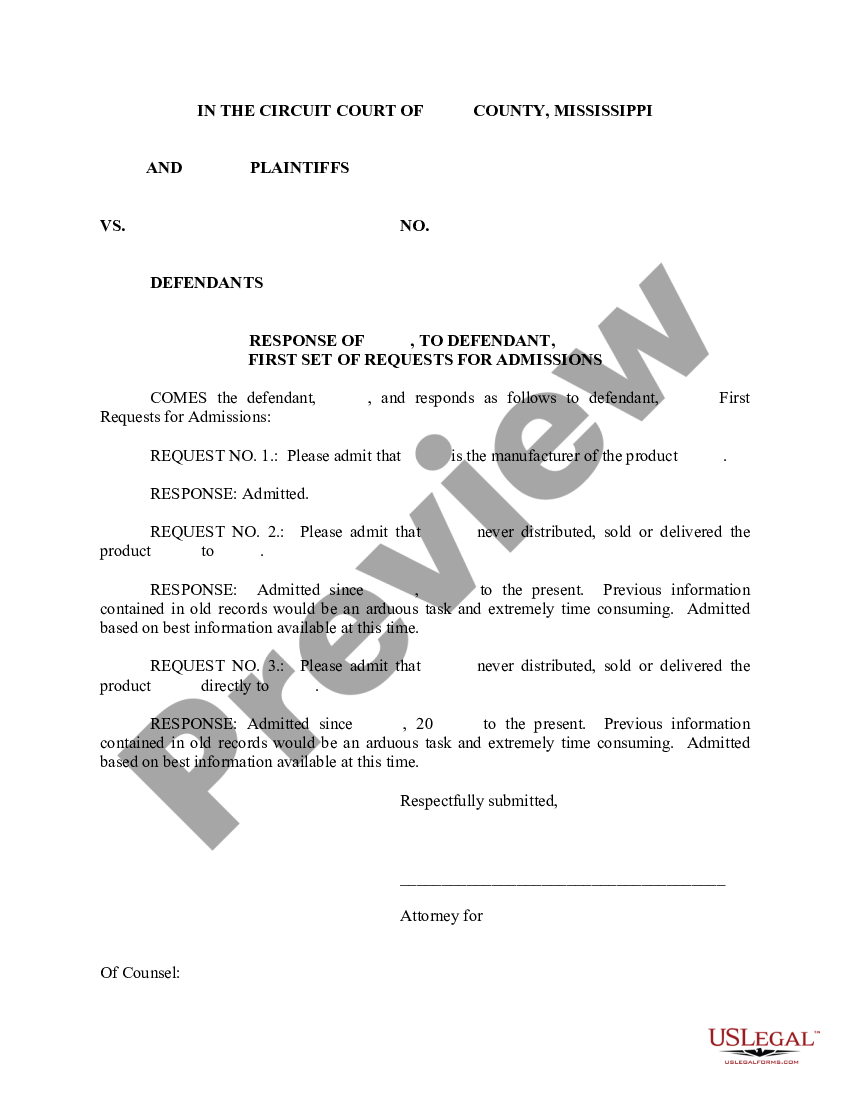 Mississippi Defendant's Response to Request for Admissions | US Legal Forms Mississippi Defendant's Response to Request for Admissions | US Legal Forms