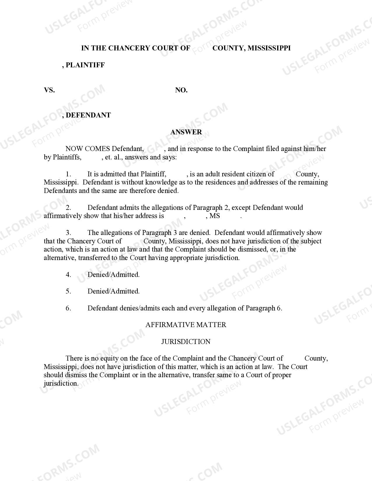 Mississippi Answer - Trespass Timber | US Legal Forms