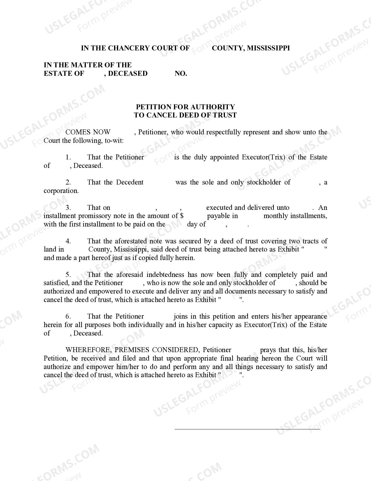 Mississippi Petition for Authority to Cancel Deed of Trust - Cancel ...