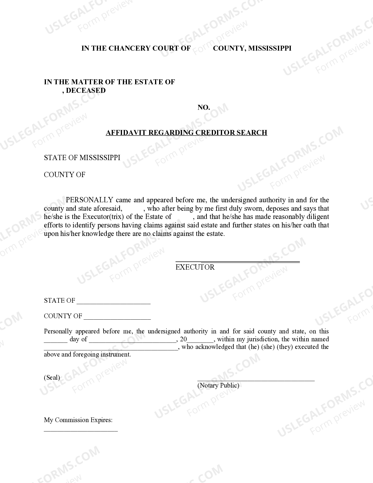 Mississippi Affidavit regarding Creditor Search | US Legal Forms