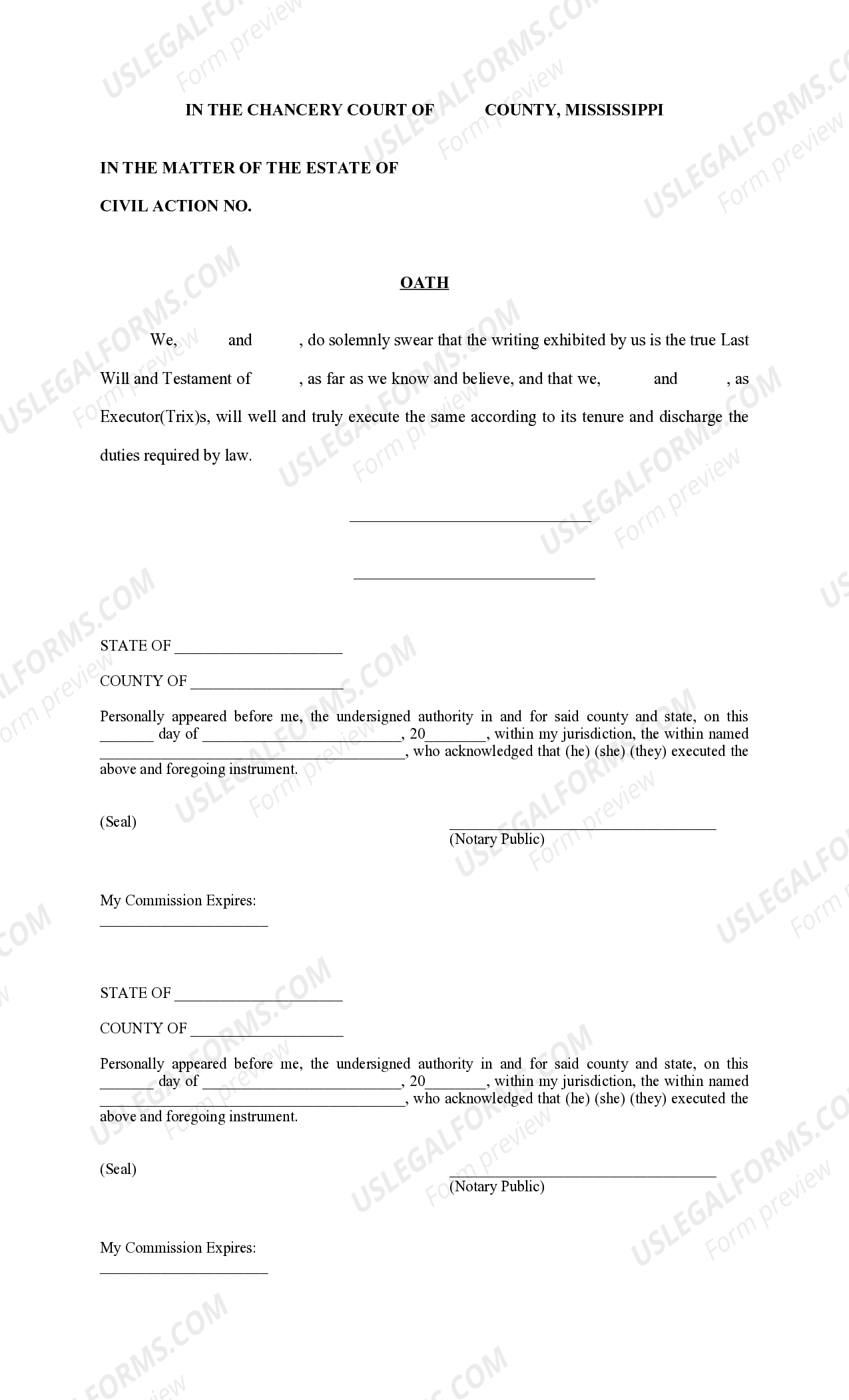 Mississippi Estate Executor's Oath - Executor | US Legal Forms
