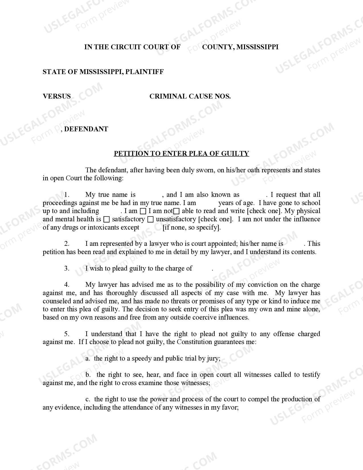 Mississippi Petition to Enter Plea of Guilty - Enter Plea | US Legal Forms