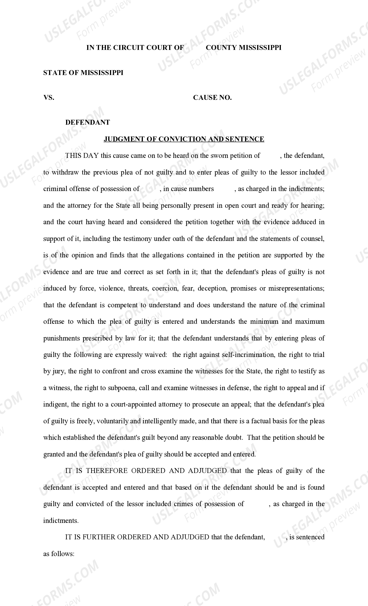 Mississippi Judgment of Conviction and Sentence - Ms Judgment | US Legal Forms