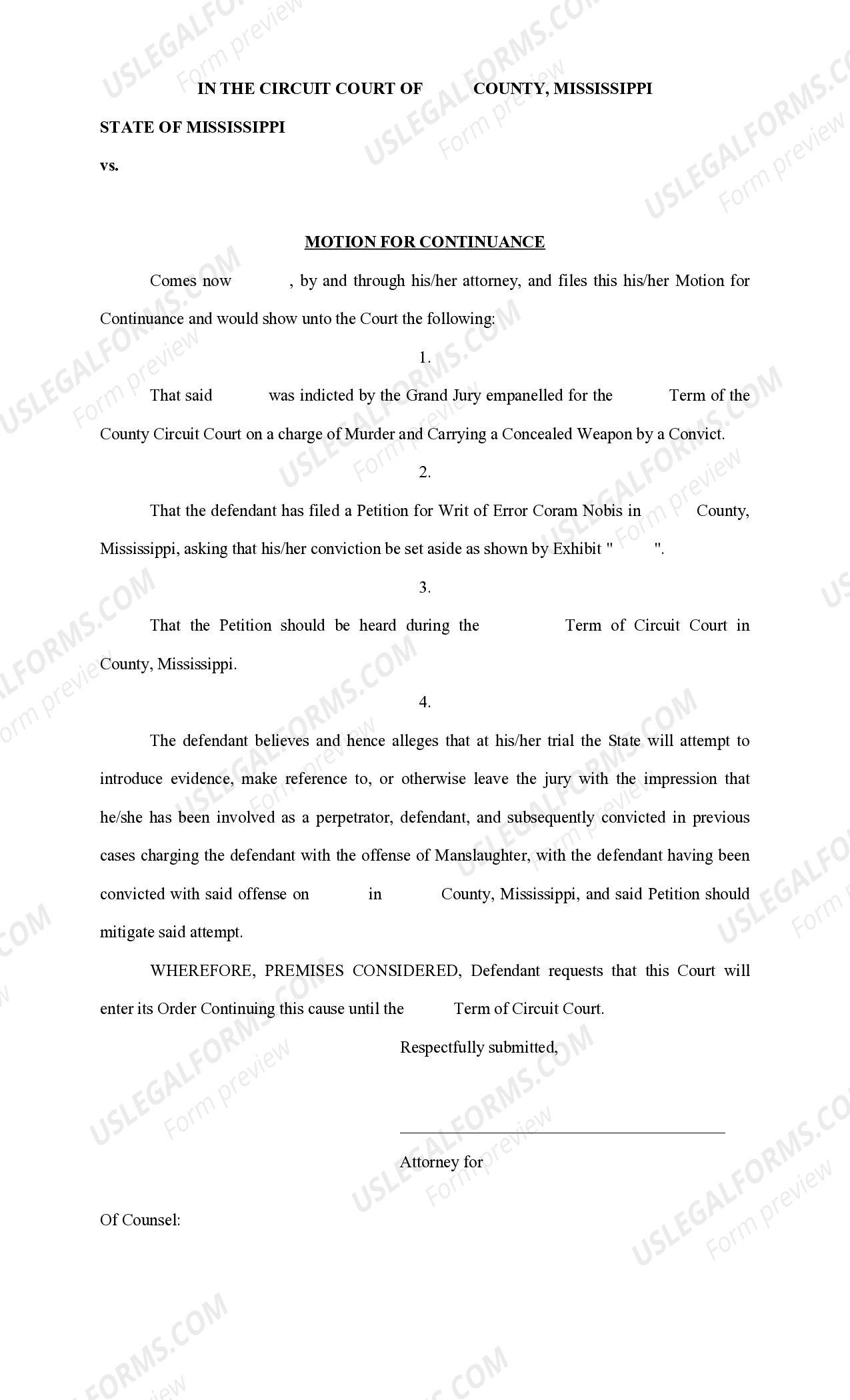 Mississippi Motion for Continuance - Ms Motion Continuance | US Legal Forms