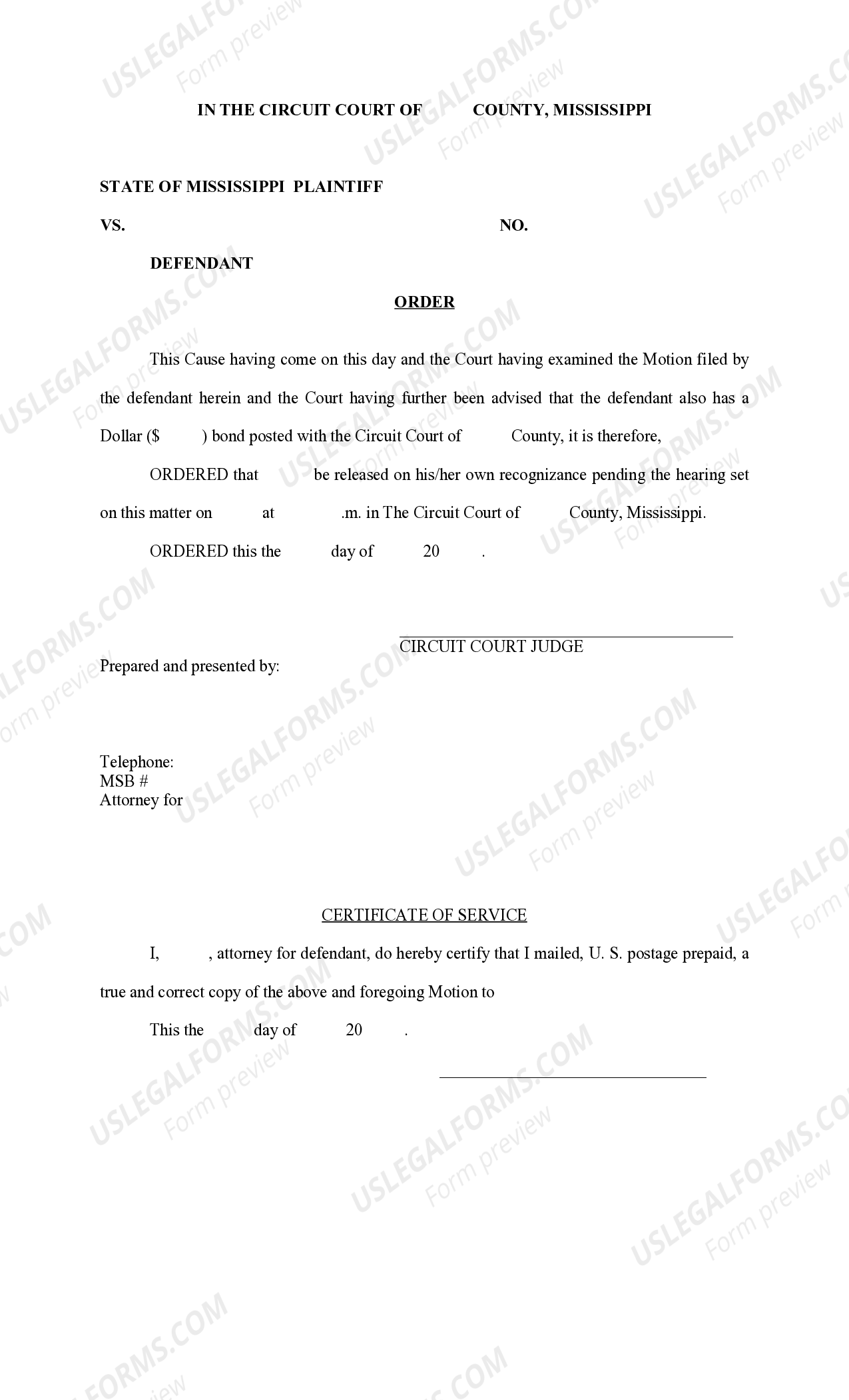 Mississippi Order Releasing Defendant on his own Recognizance - On His ...