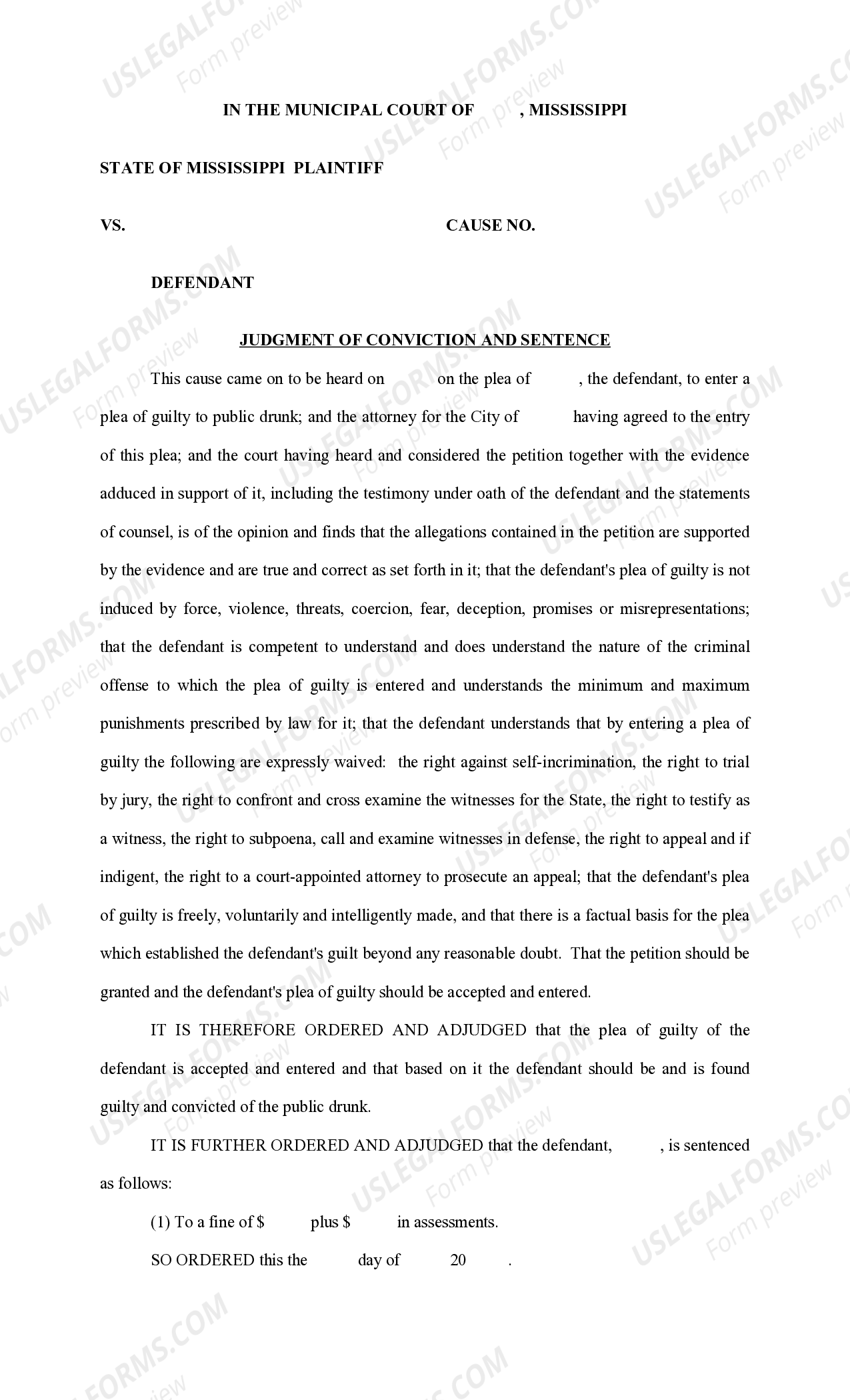 Mississippi Judgment of Conviction and Sentence - Ms Court | US Legal Forms