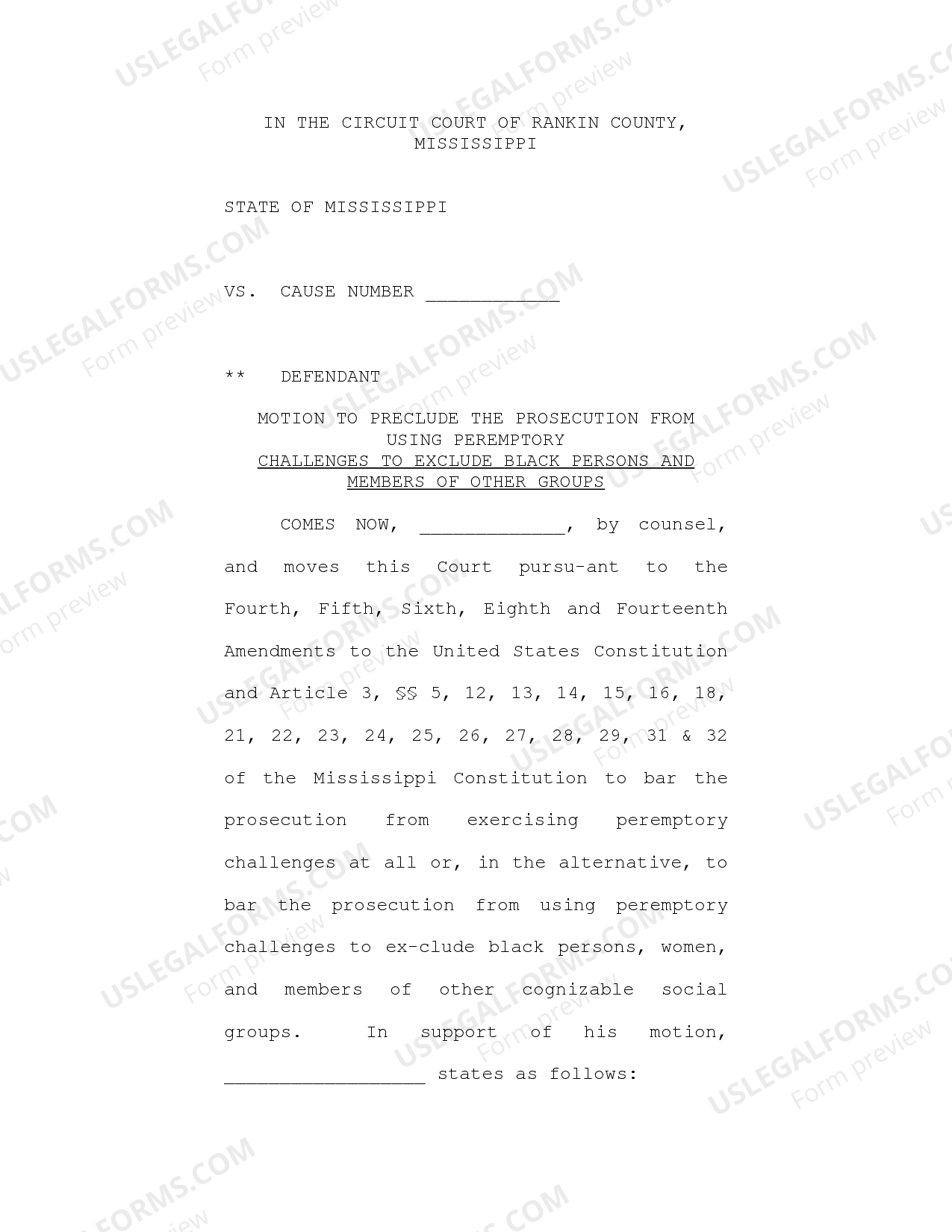 Mississippi Motion to Preclude the Prosecution from Using Peremptory ...