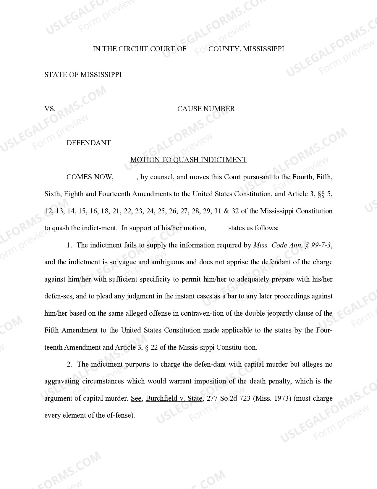 Mississippi Motion to Quash Indictment - Indictment | US Legal Forms