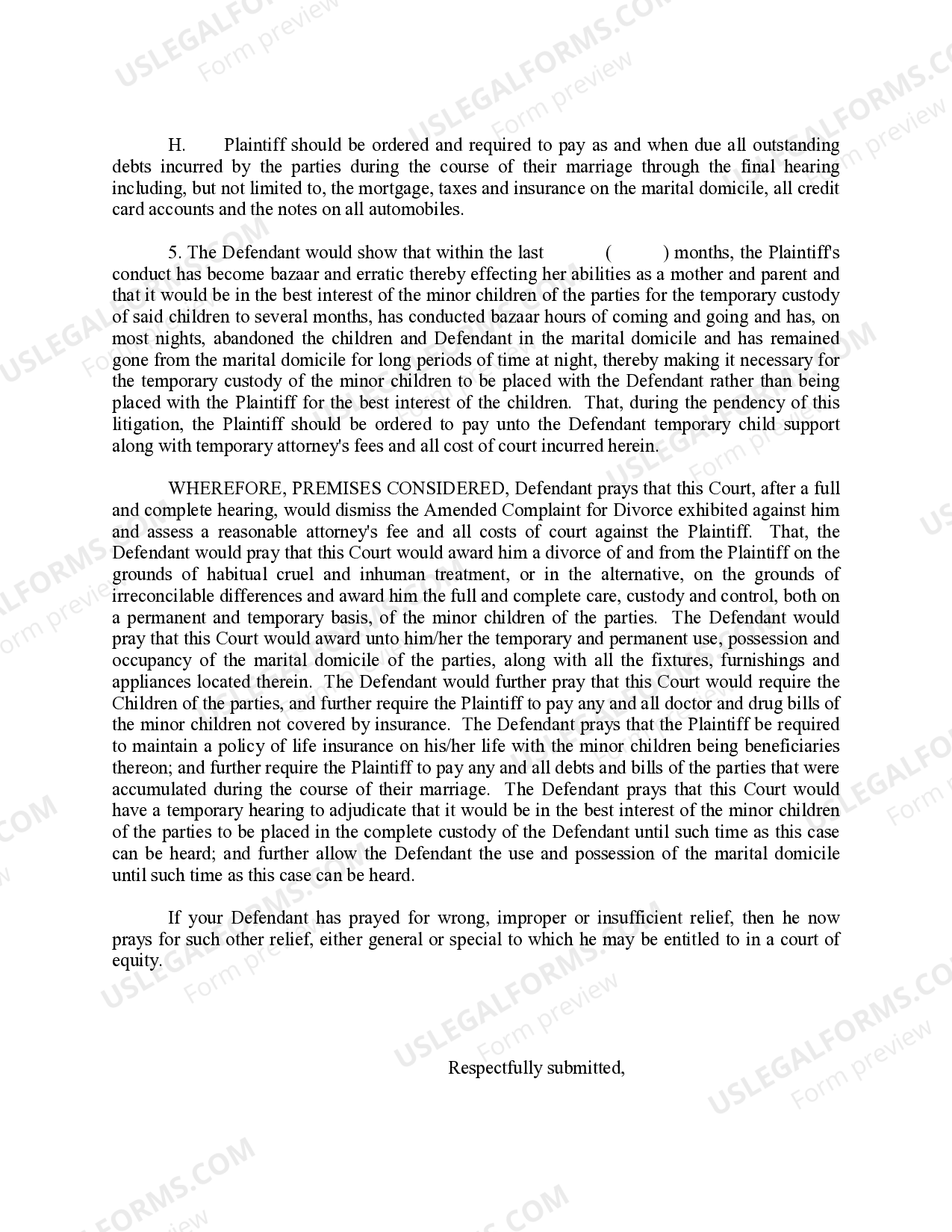 Mississippi Answer to Amended Complaint for Divorce - Sample Response ...