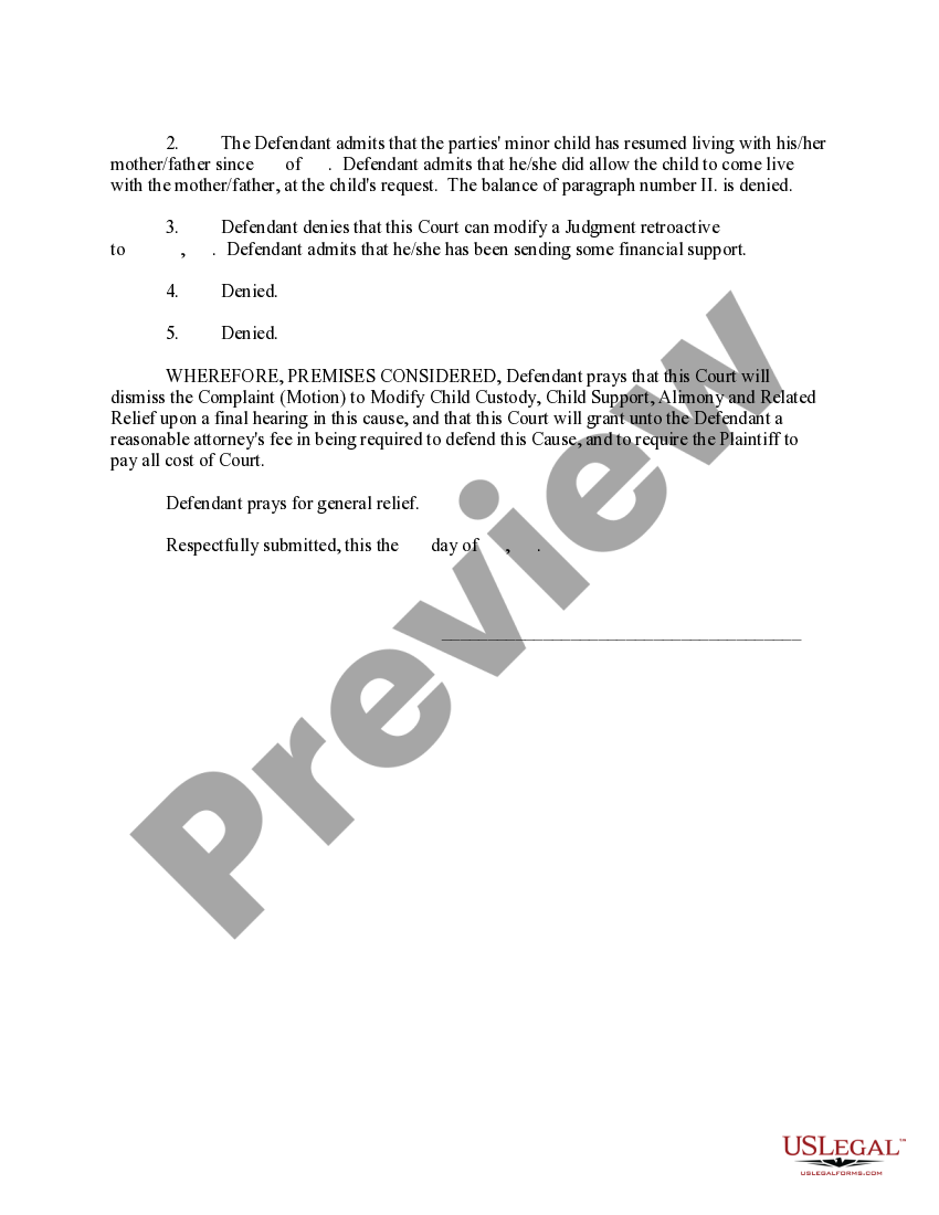 Mississippi Answer To The Complaint Motion To Modify Child Custody 