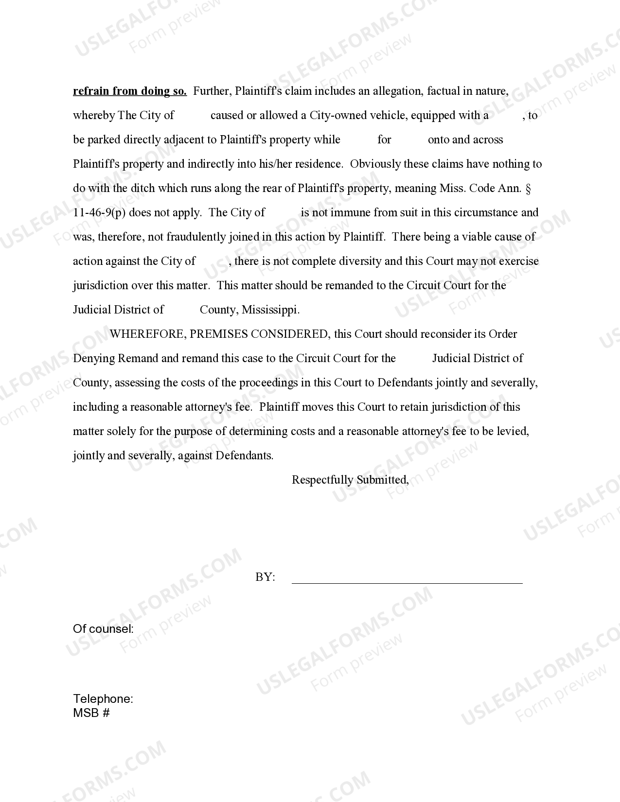 Mississippi Motion to Reconsider Order Denying Remand | US Legal Forms