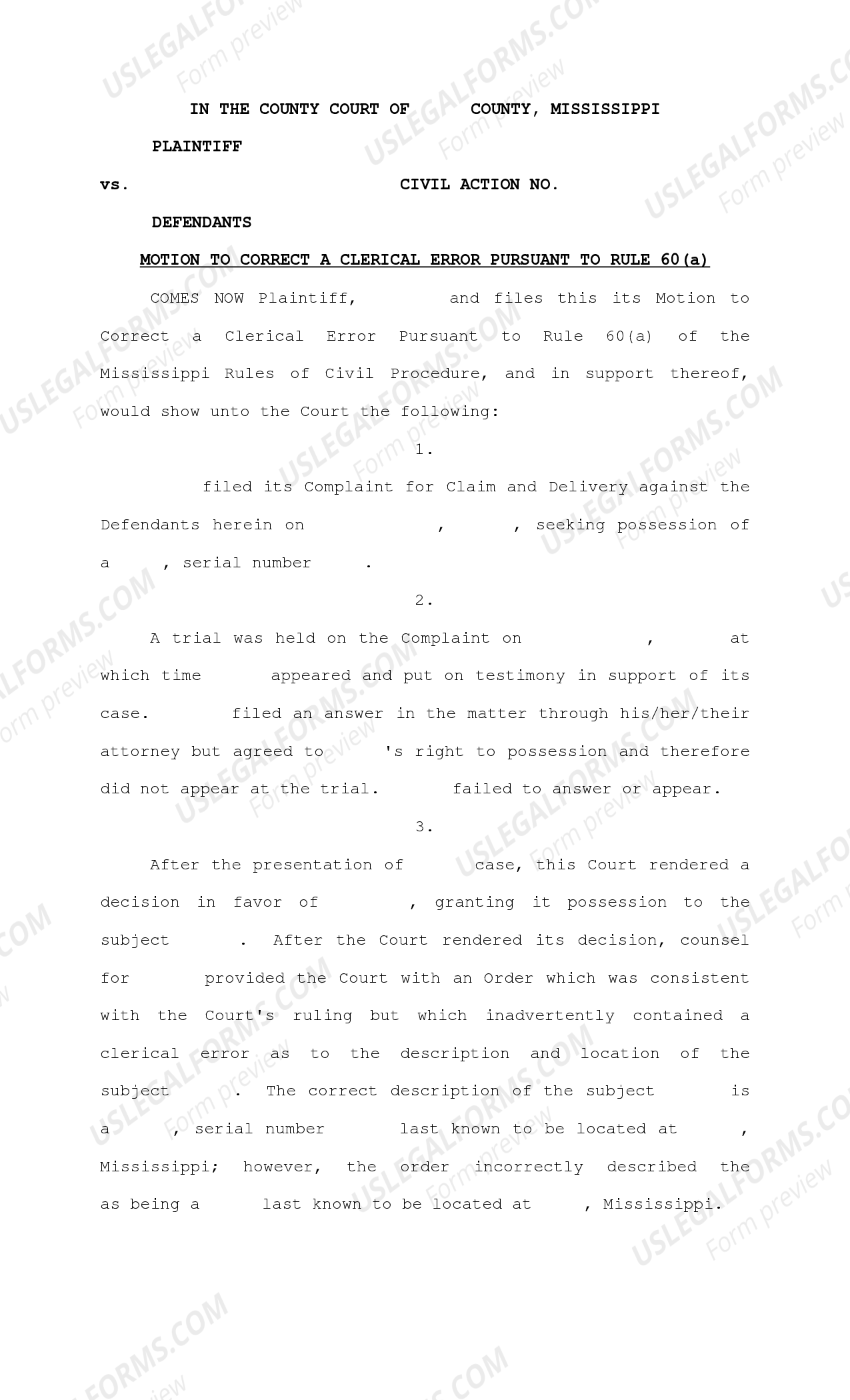 Mississippi Motion to Correct a Clerical Error Pursuant to Rule 60a | US Legal Forms