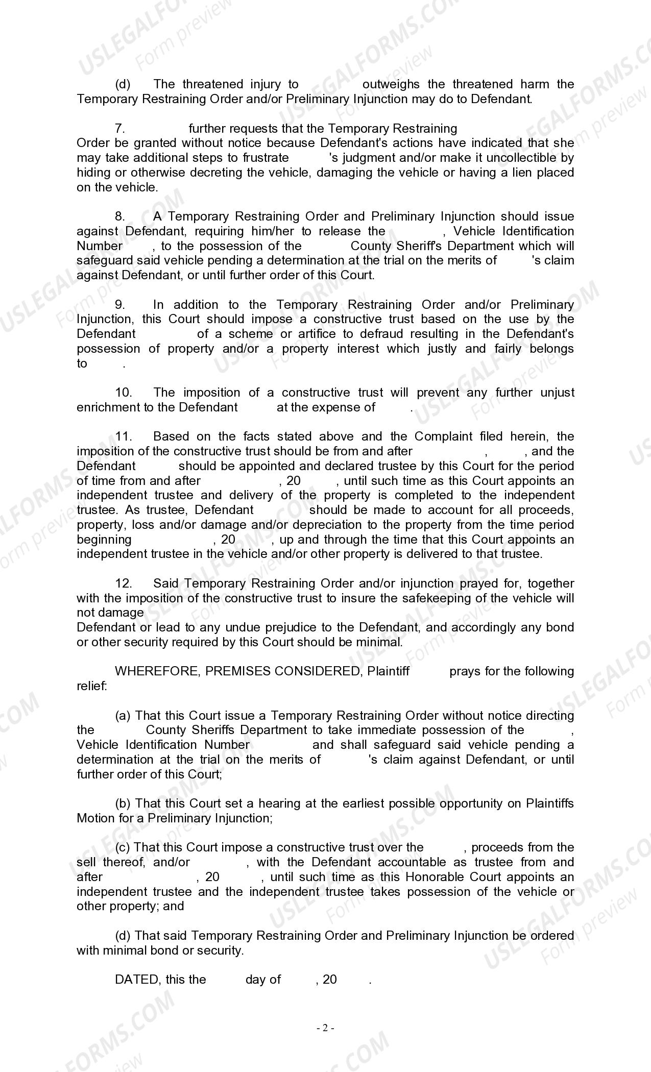 Mississippi Motion to Temporary Restraining Order and Preliminary Injunction - Restraining Order ...