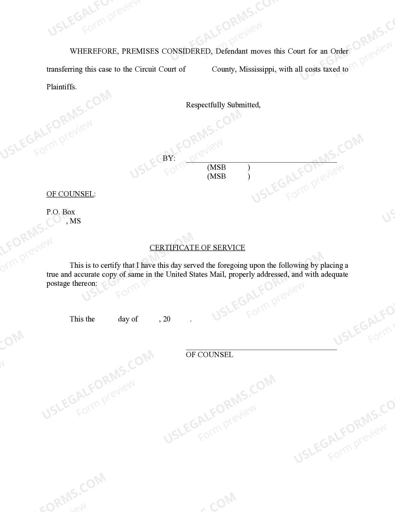 Mississippi Motion to Transfer Venue | US Legal Forms