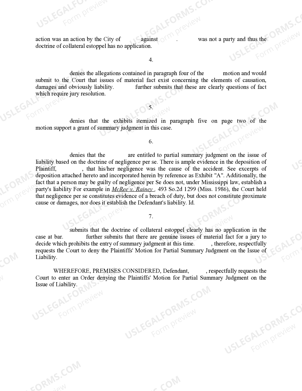Mississippi Defendant's Response to Plaintiff's Motion for Summary Judgment on the Issue of ...