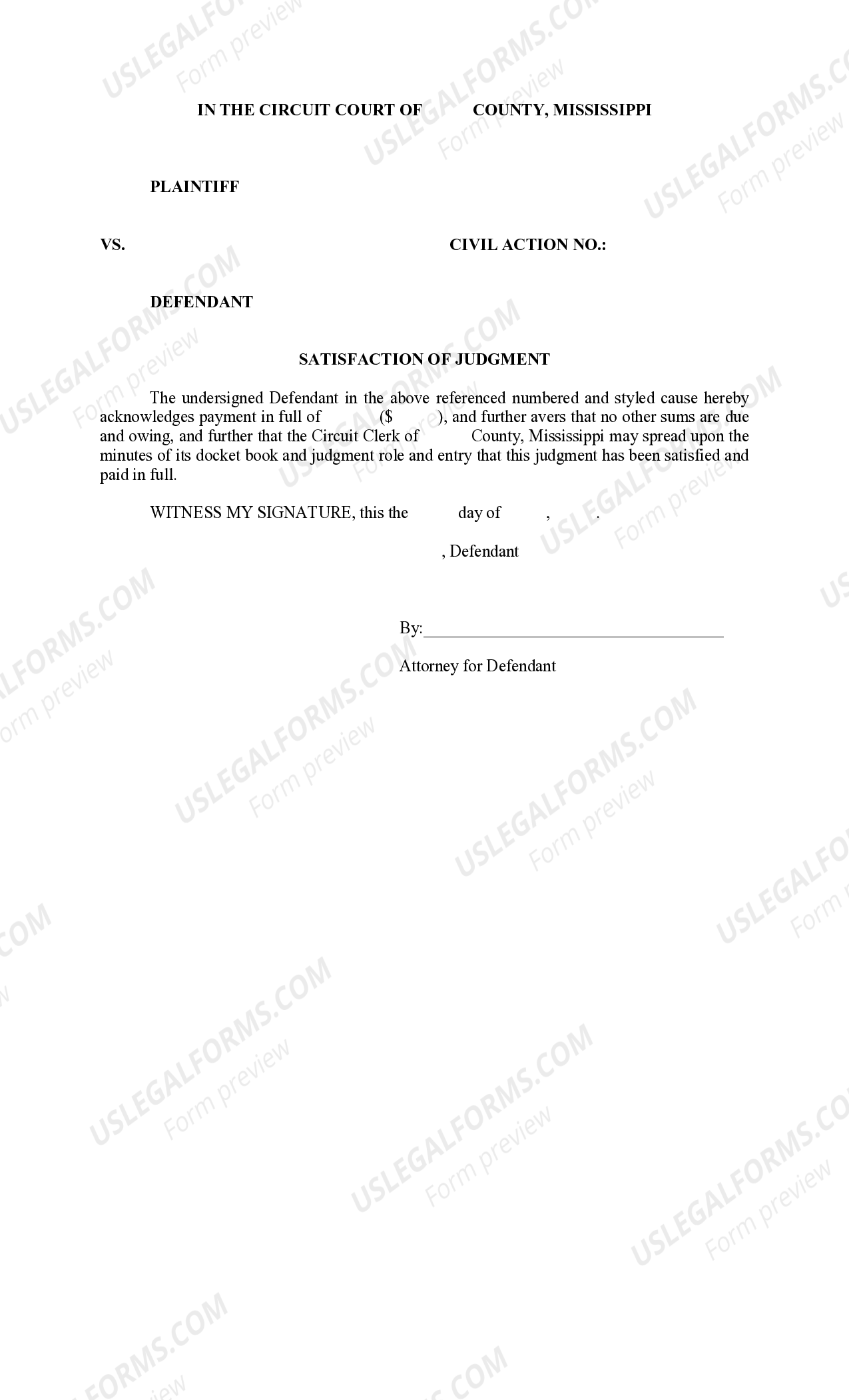 Mississippi Satisfaction of Judgment - Satisfaction Judgment | US Legal ...