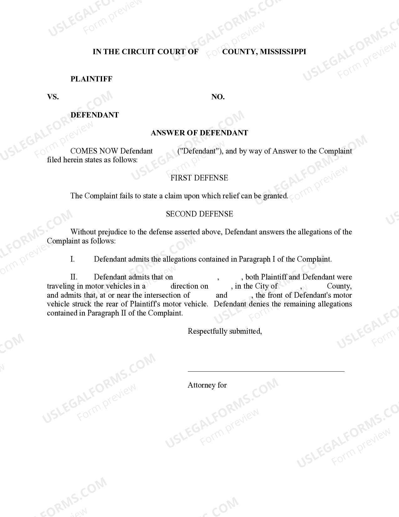 Mississippi Answer Of Defendant | US Legal Forms
