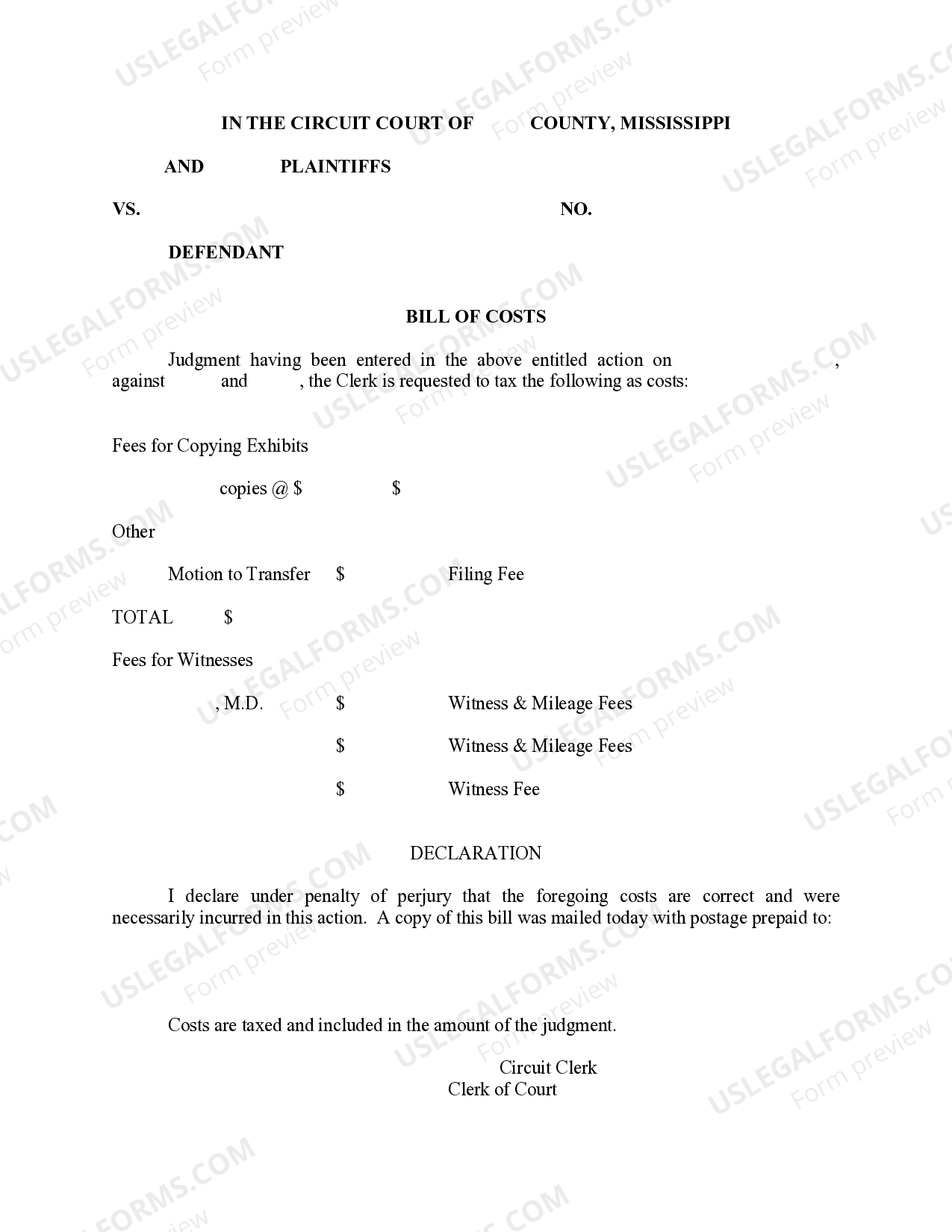 Mississippi Bill of Cost | US Legal Forms