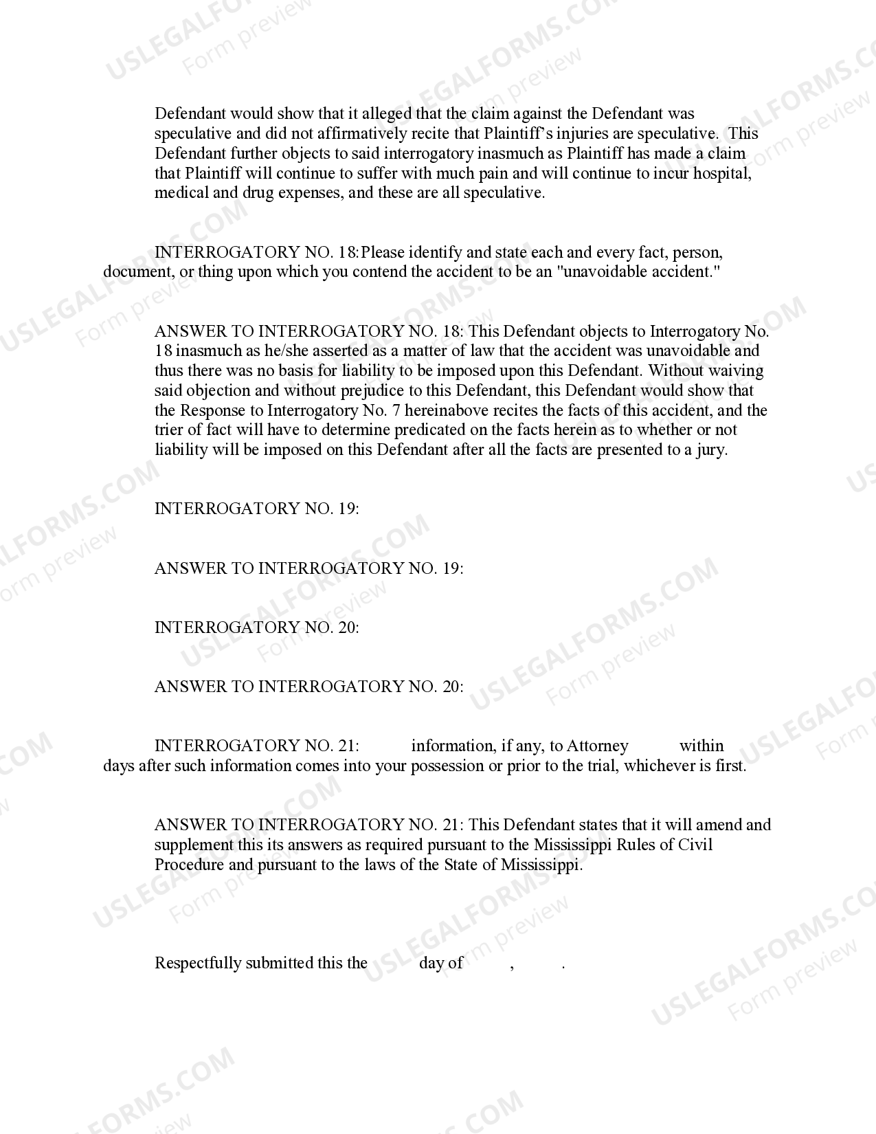Mississippi Response to Interrogatories by Defendant | US Legal Forms