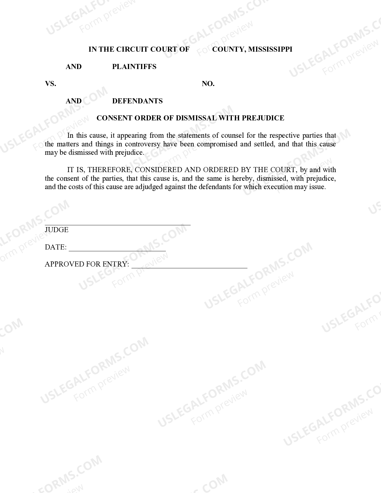 Mississippi Consent Order of Dismissal With Prejudice - Consent Order With | US Legal Forms