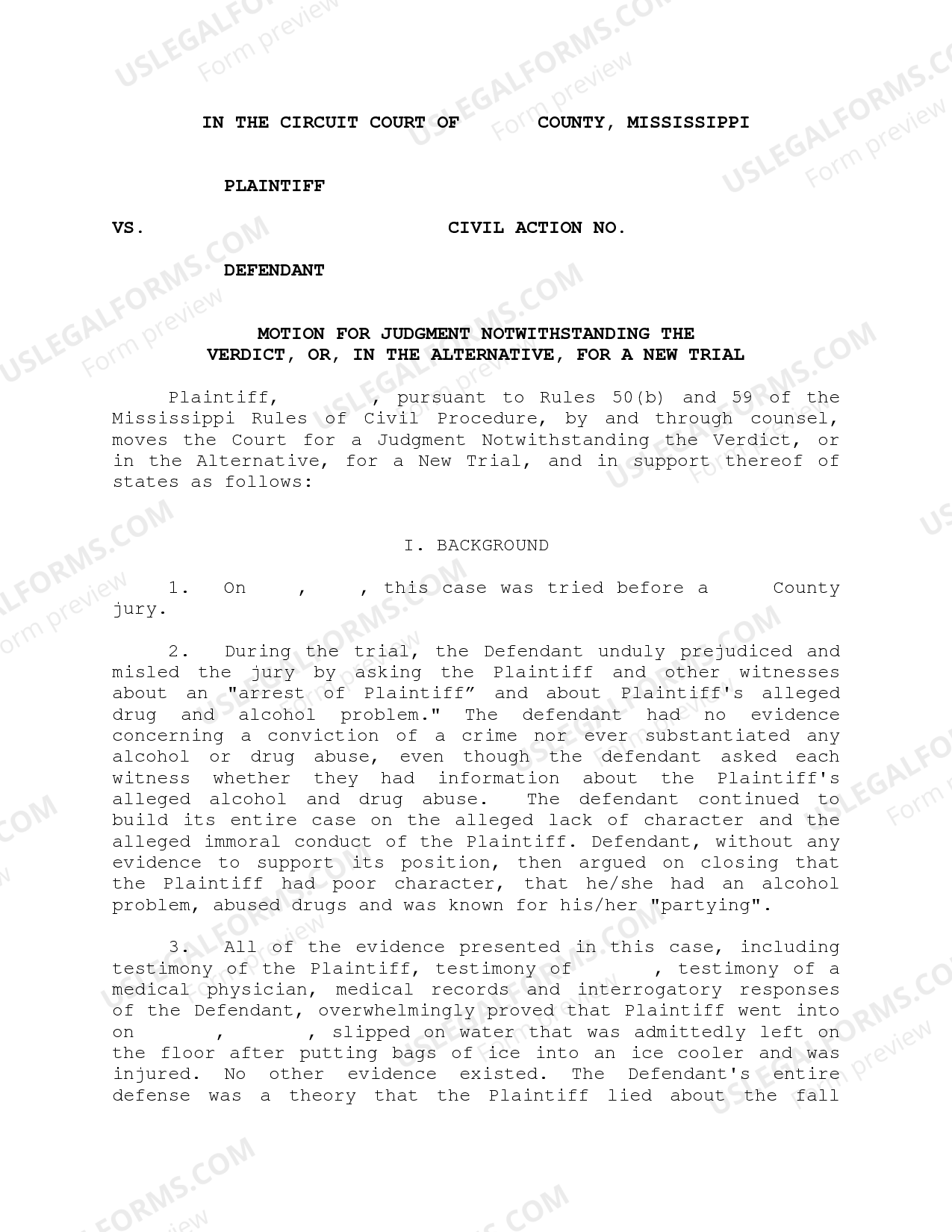 Mississippi Motion for Judgment Notwithstanding the Verdict, or in the ...