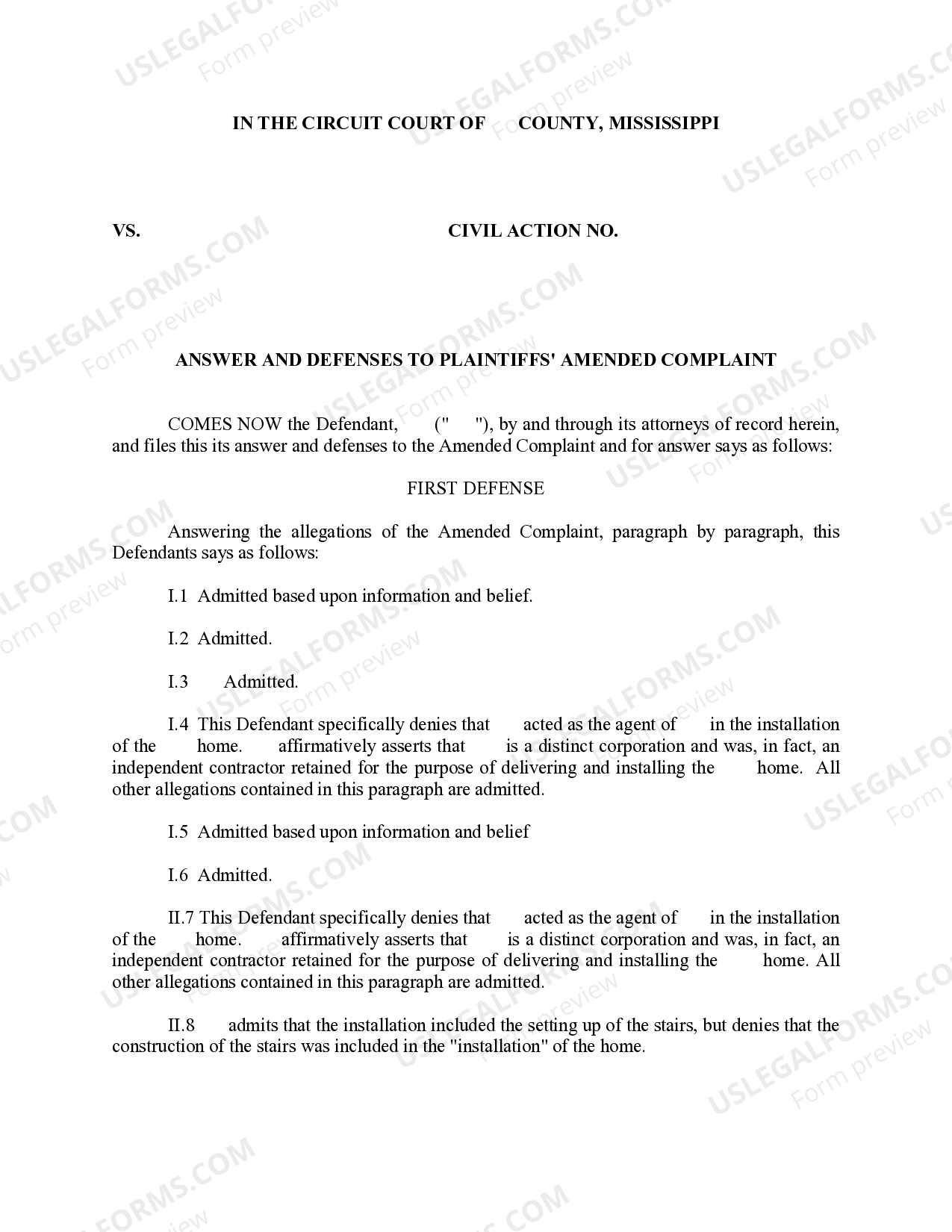 Mississippi Answer and Defenses to Amended Complaint | US Legal Forms
