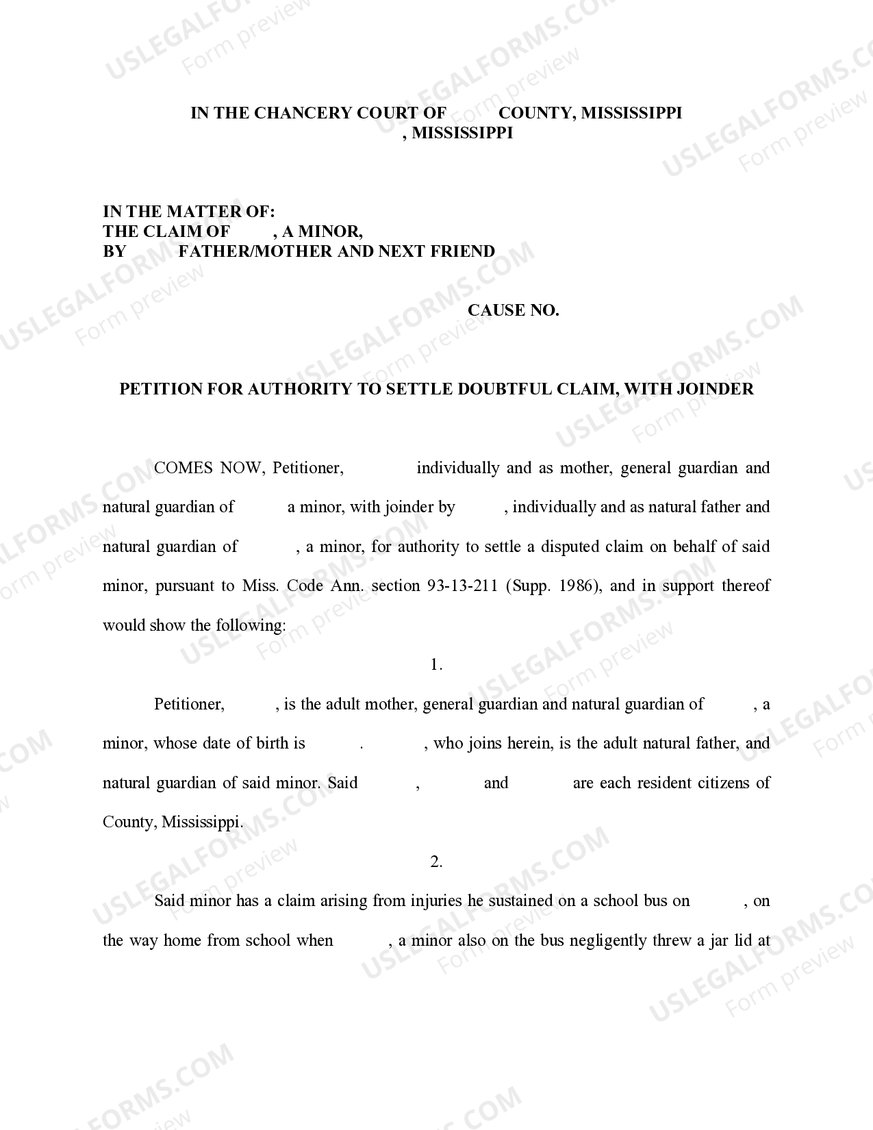 Mississippi Petition for Authority to Settle Doubtful Claim, With ...