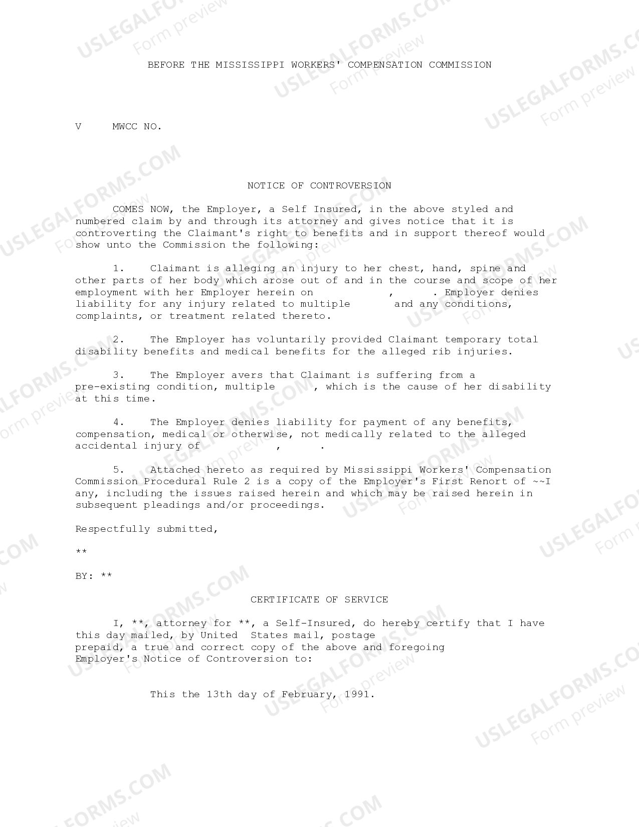 Mississippi Notice of Controversion - Controversion | US Legal Forms