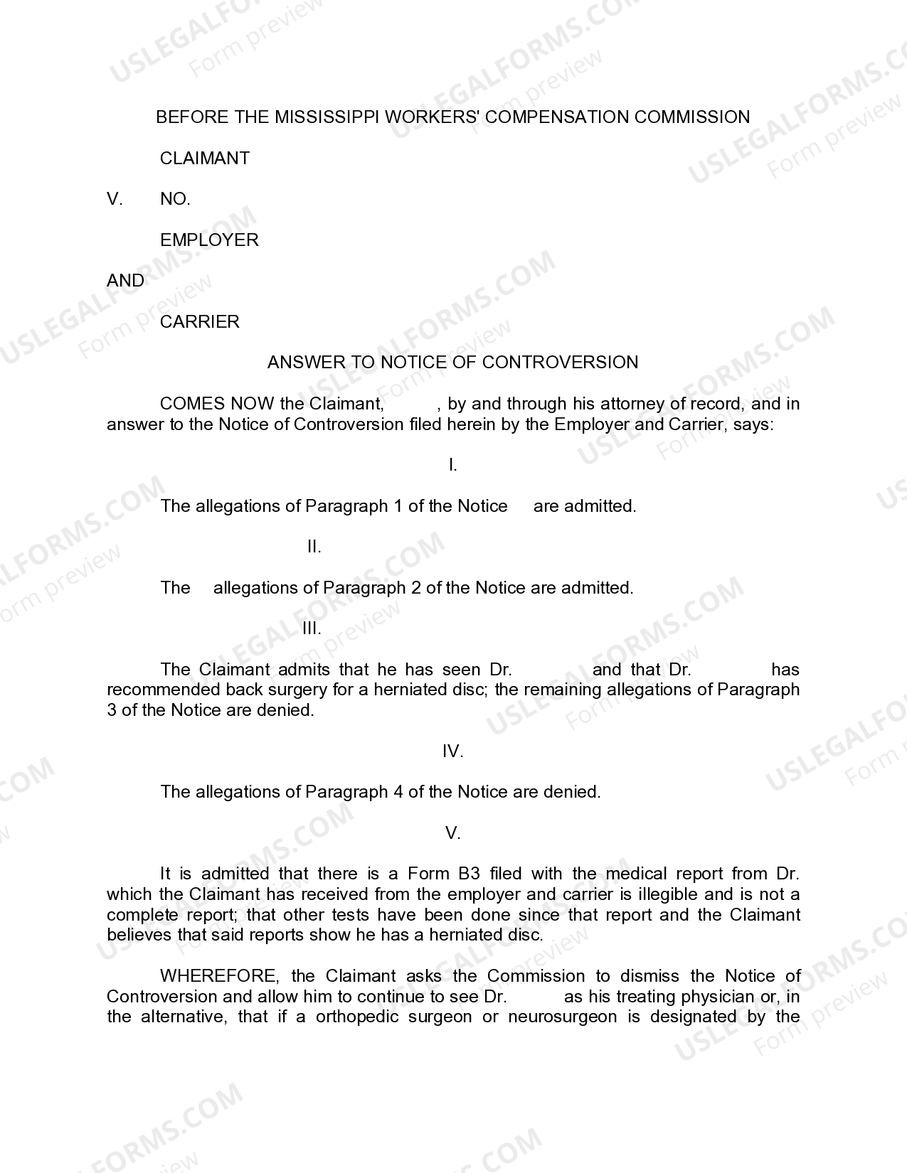 Mississippi Answer to Notice of Controversion | US Legal Forms
