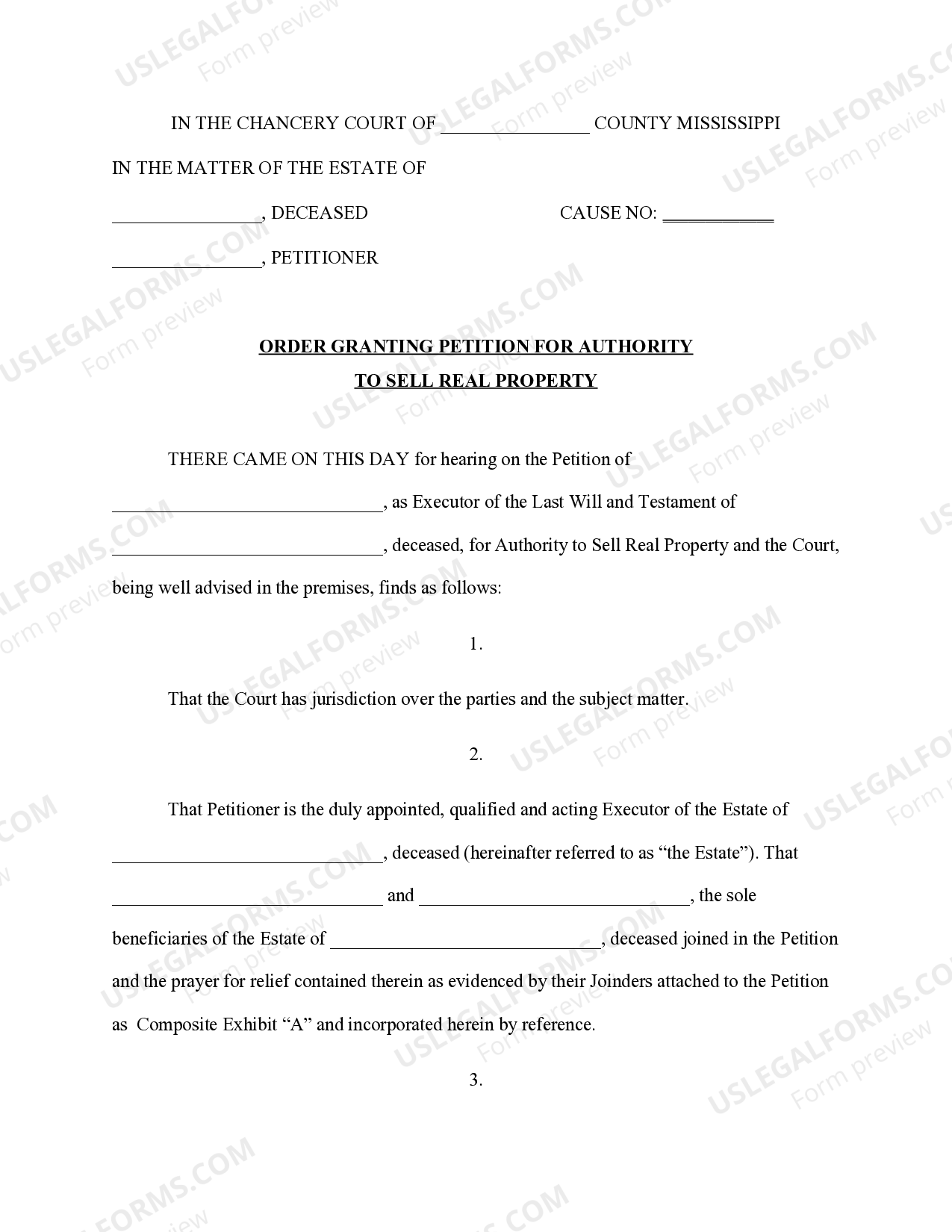 Mississippi Order Granting Petition for Authority to Sell Real Property | US Legal Forms