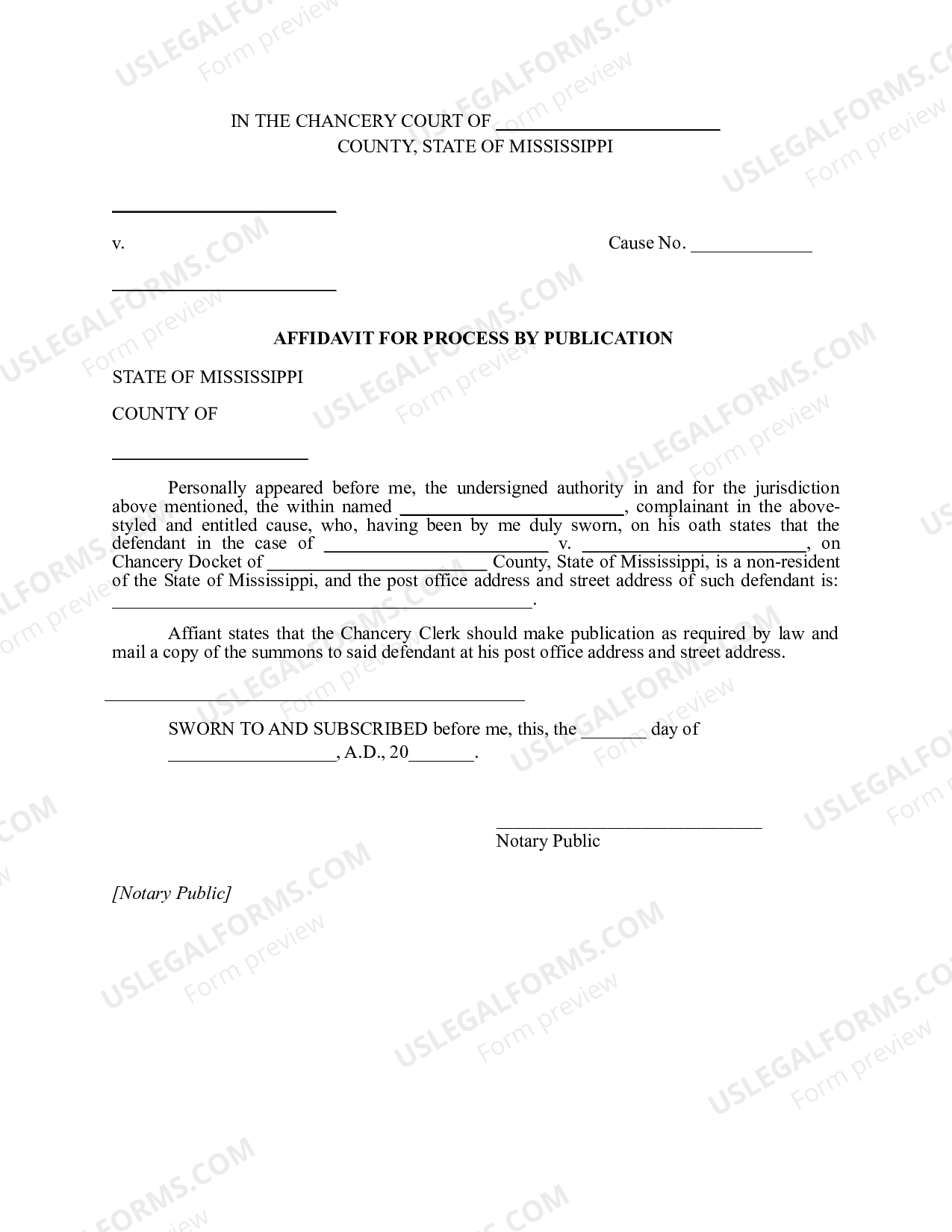Mississippi Affidavit for Process by Publication | US Legal Forms