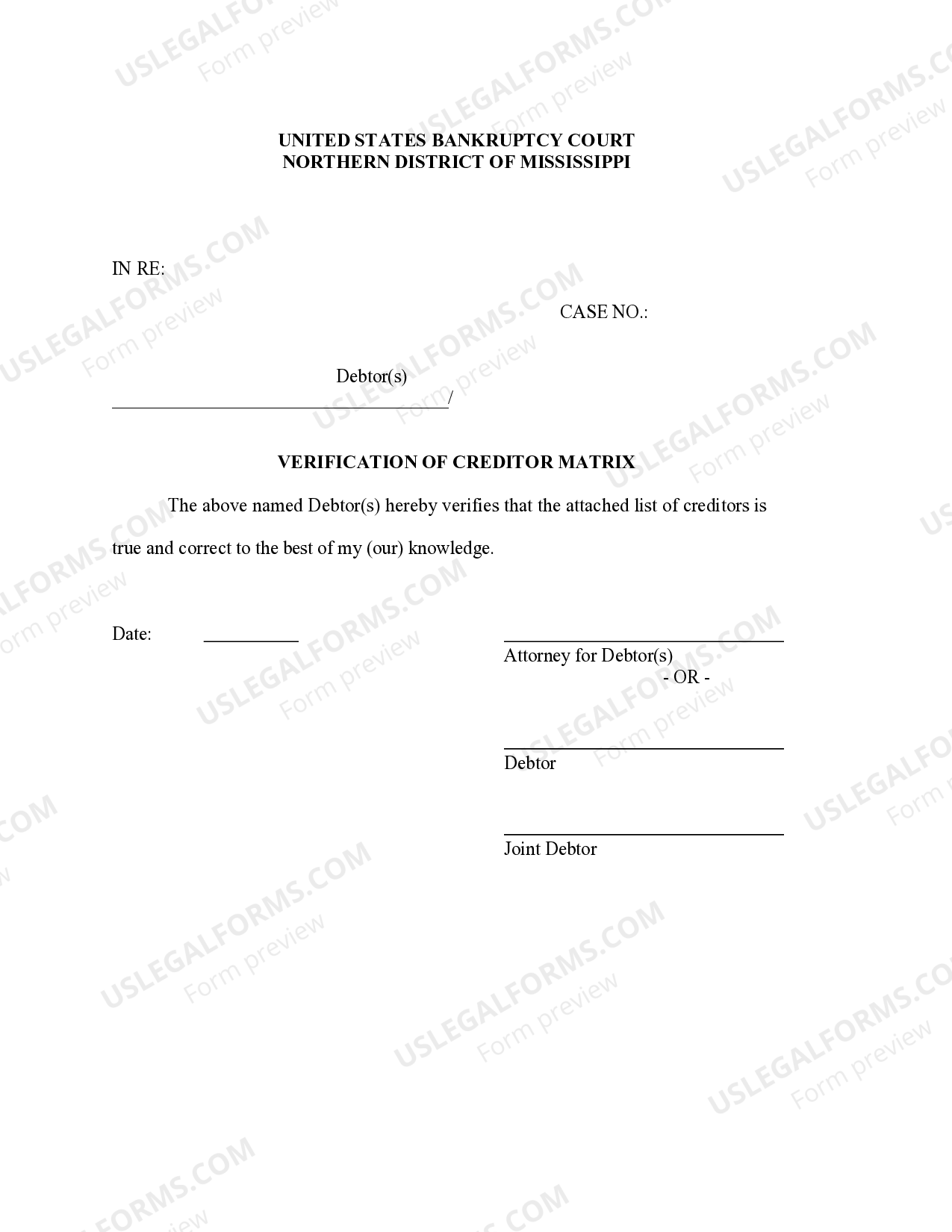 Mississippi Verification of Creditors Matrix | US Legal Forms