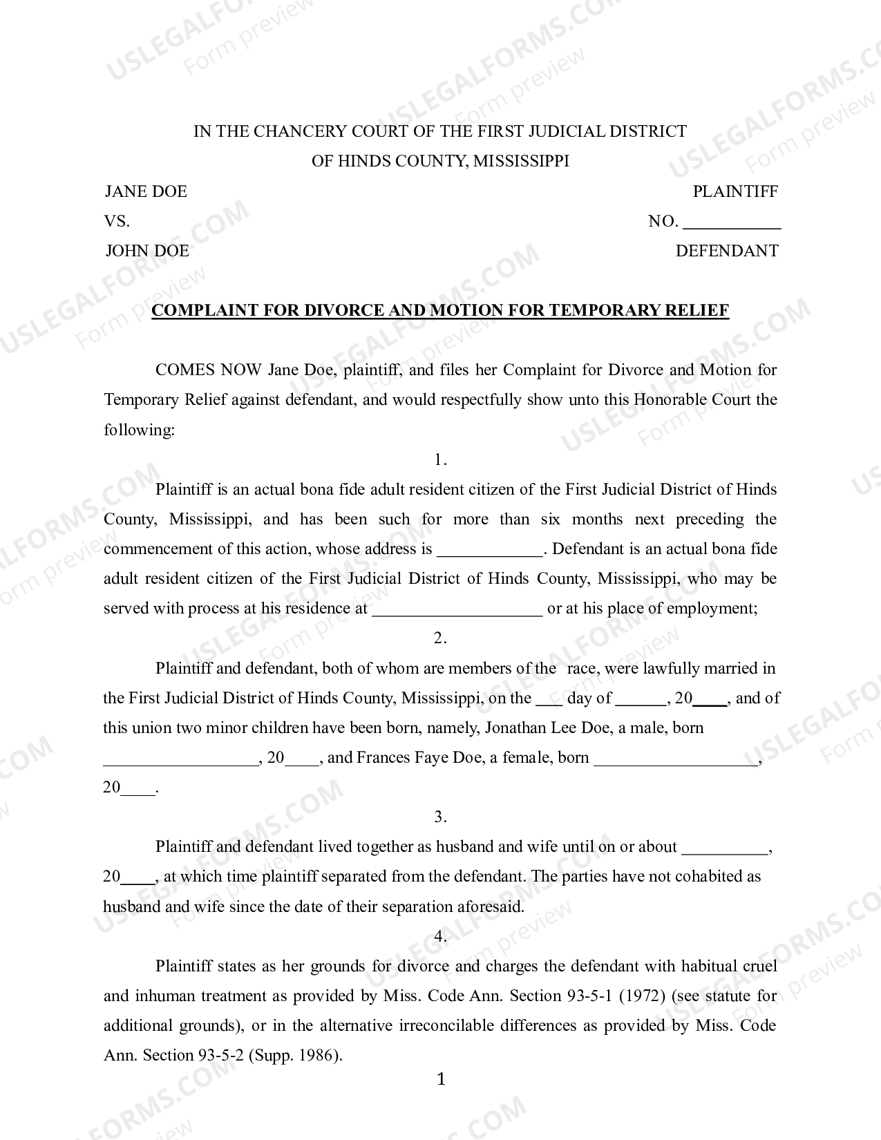 Mississippi Complaint for Divorce and Motion for Temporary Relief | US ...