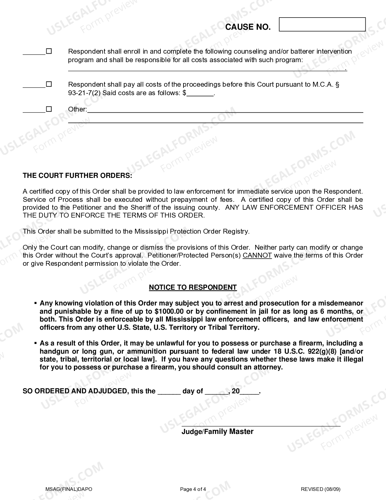 Mississippi Final Domestic Abuse Protective Order | US Legal Forms