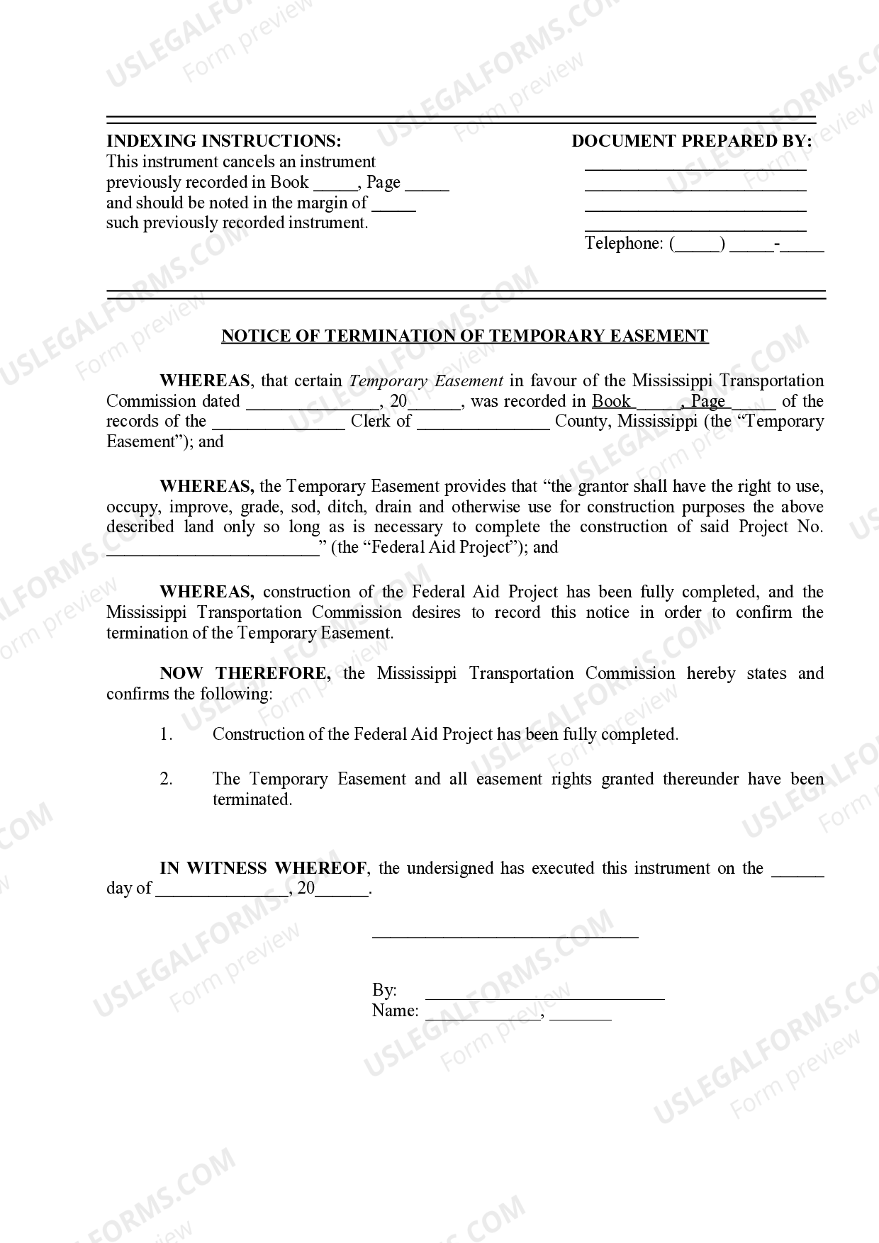 Mississippi Notice of Termination of Termporary Easement | US Legal Forms