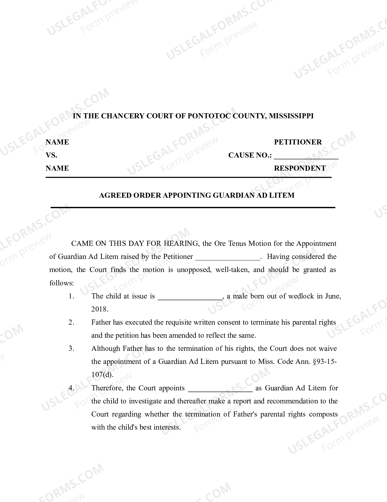 Mississippi Agreed Order Appointing Guardian Ad Litem | US Legal Forms