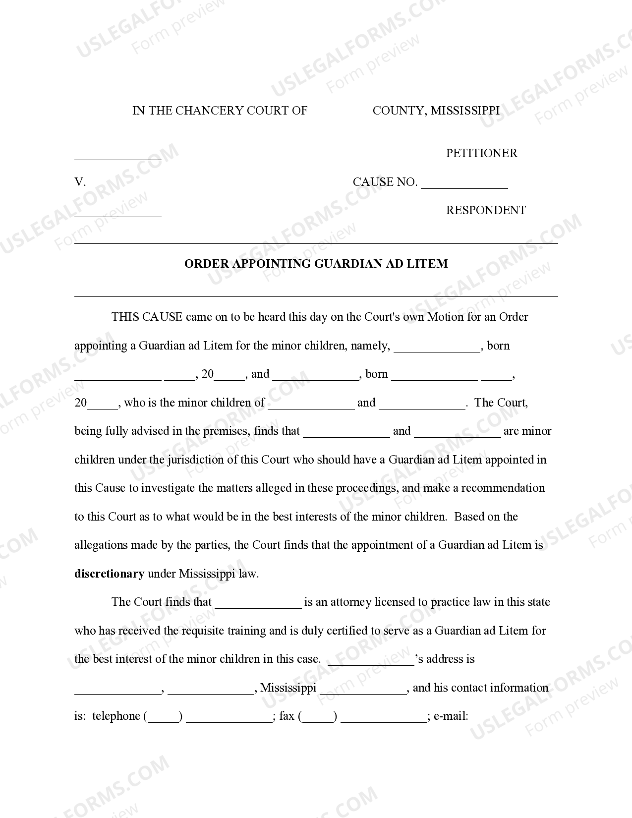 Mississippi Guardian Ad Litem Order of Appointment | US Legal Forms