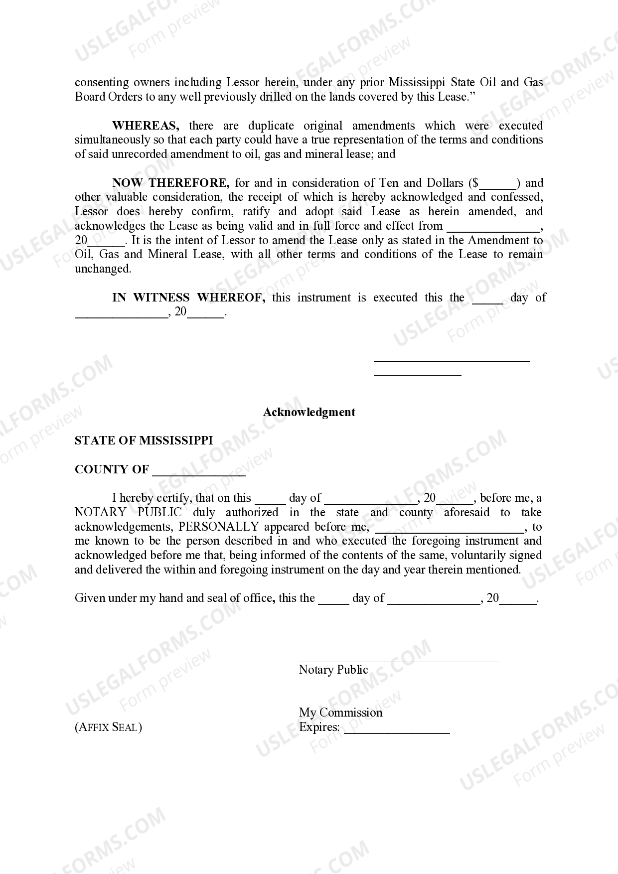 Mississippi Memorandum of Amendment to Oil Gas and Mineral Lease | US ...