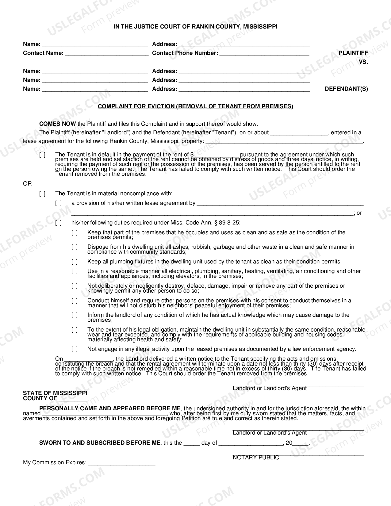 Mississippi Complaint for Eviction - Ms Eviction Complaint Forms | US ...