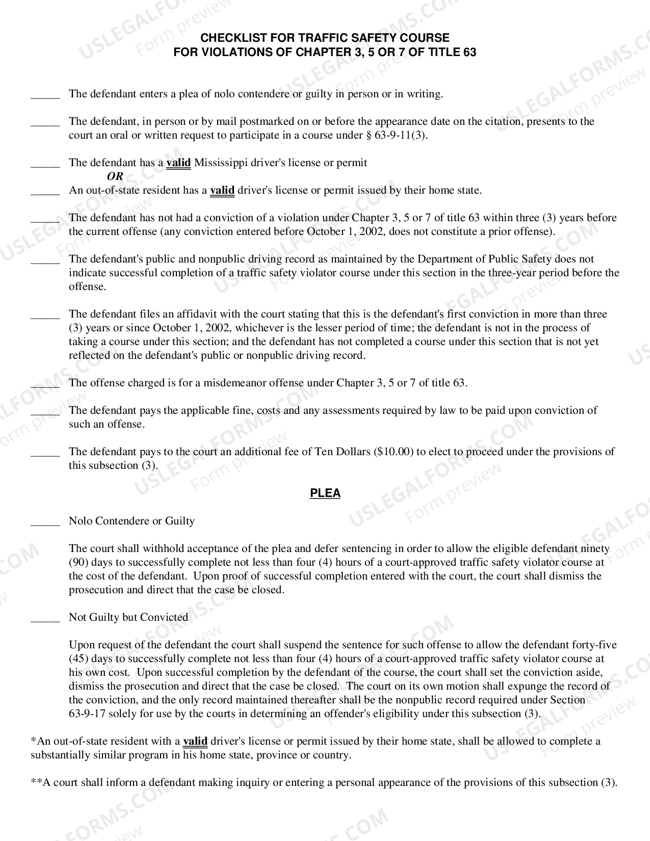 Mississippi Checklist for Traffic Safety Course | US Legal Forms