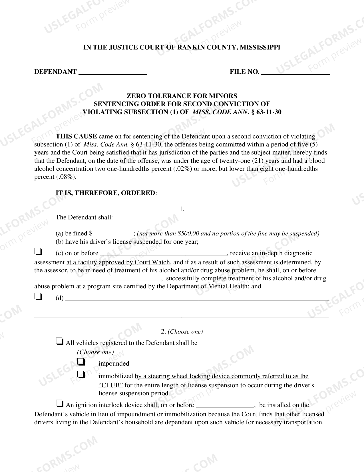 Mississippi Sentencing Order for Second Conviction of DUI - Zero ...