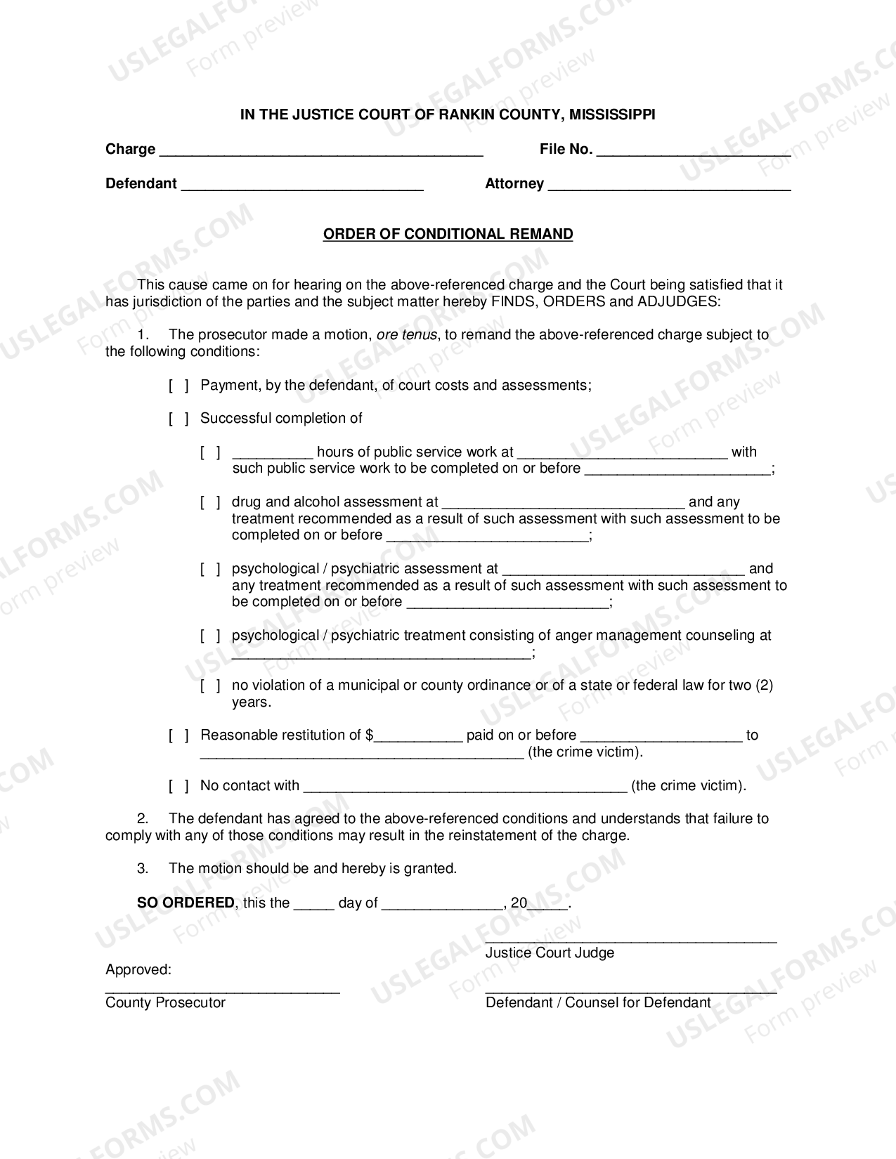Mississippi Order of Conditional Remand | US Legal Forms